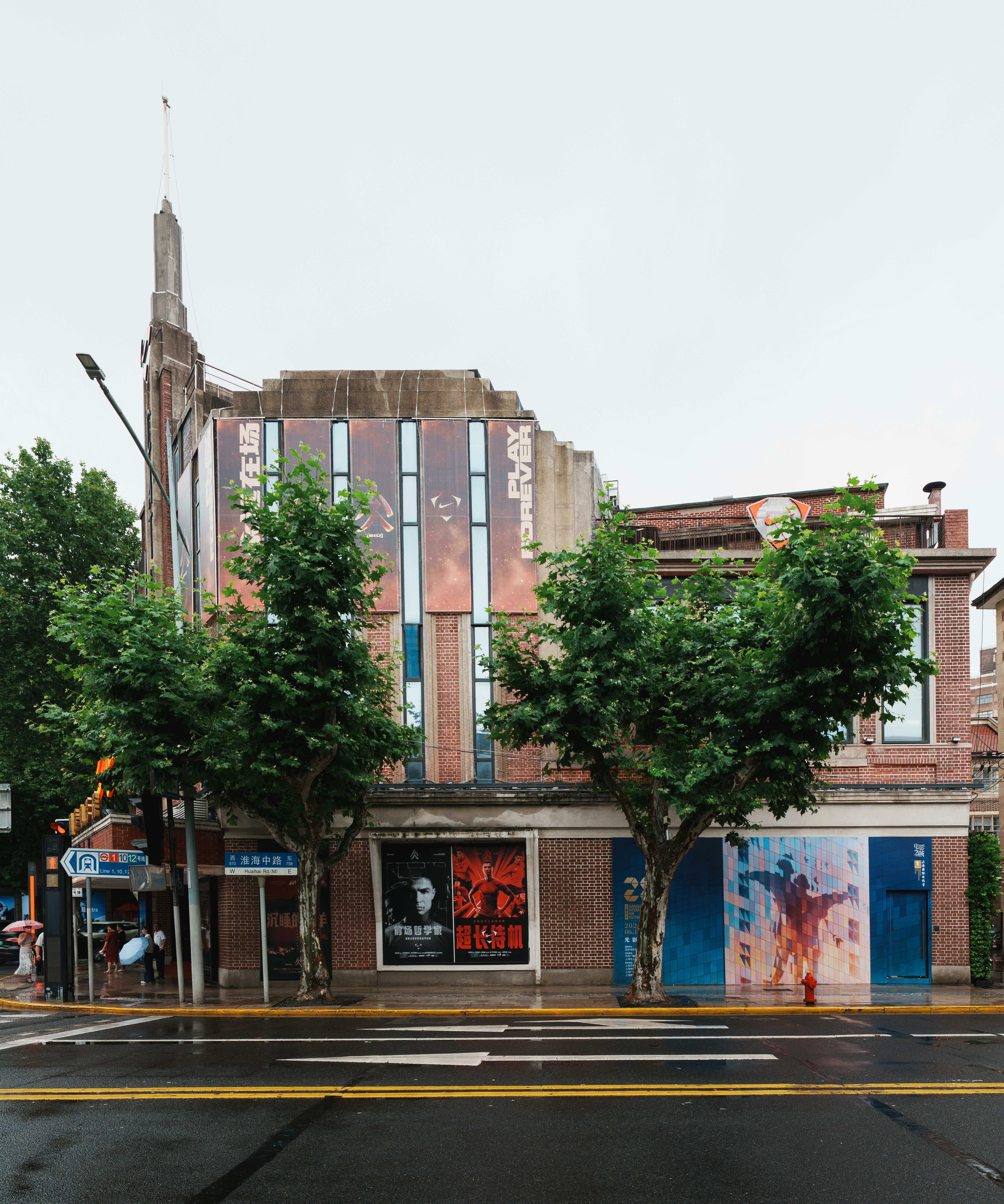 City Facade in Rain: Trees Framing a Cinematic Street Scene