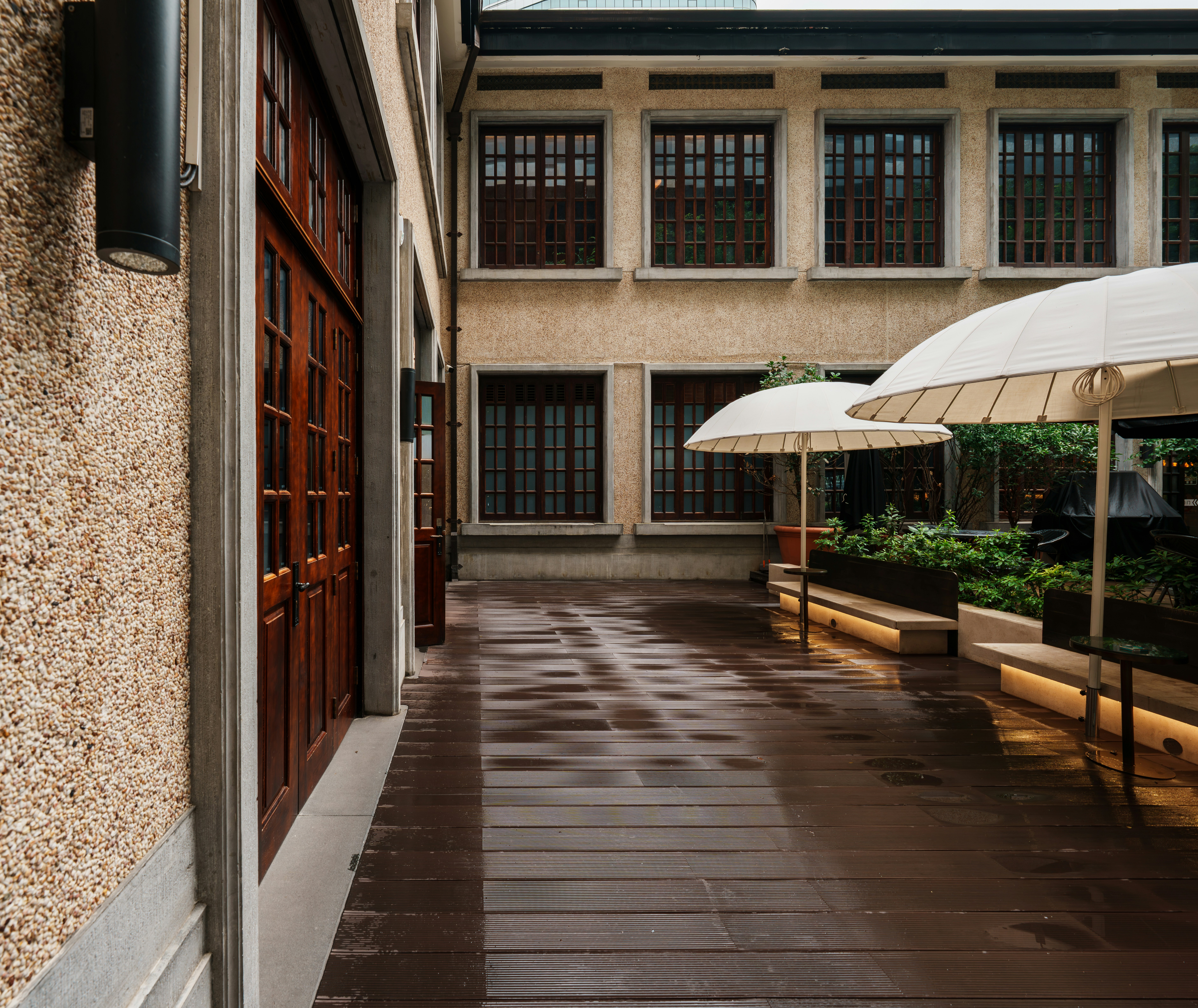 Courtyard Passage Under Umbrella Canopy