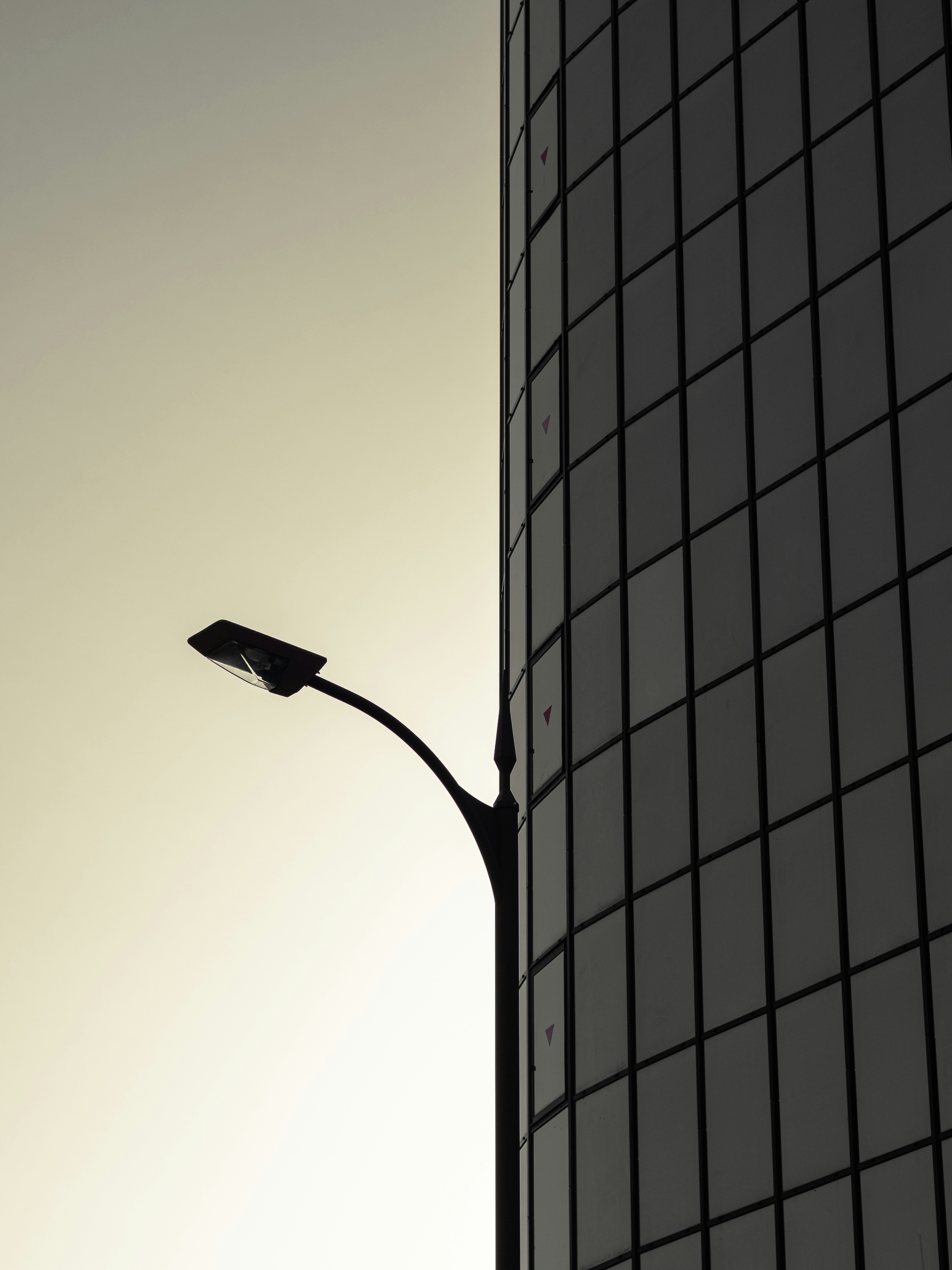Minimalist Street Lamp Against a Curved Glass Tower at Dusk