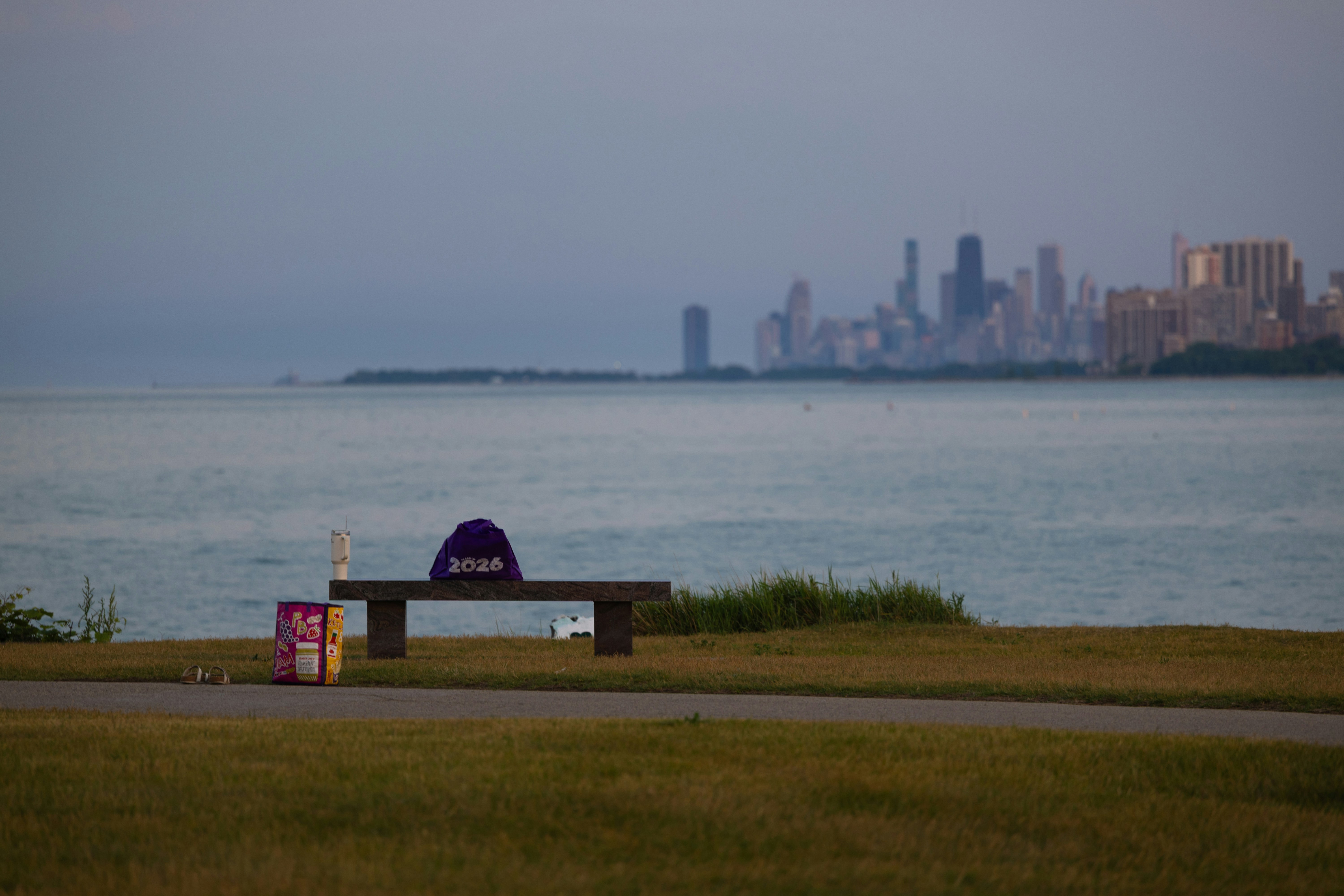 Quiet Horizon: Park Bench, Ocean, and City Lights