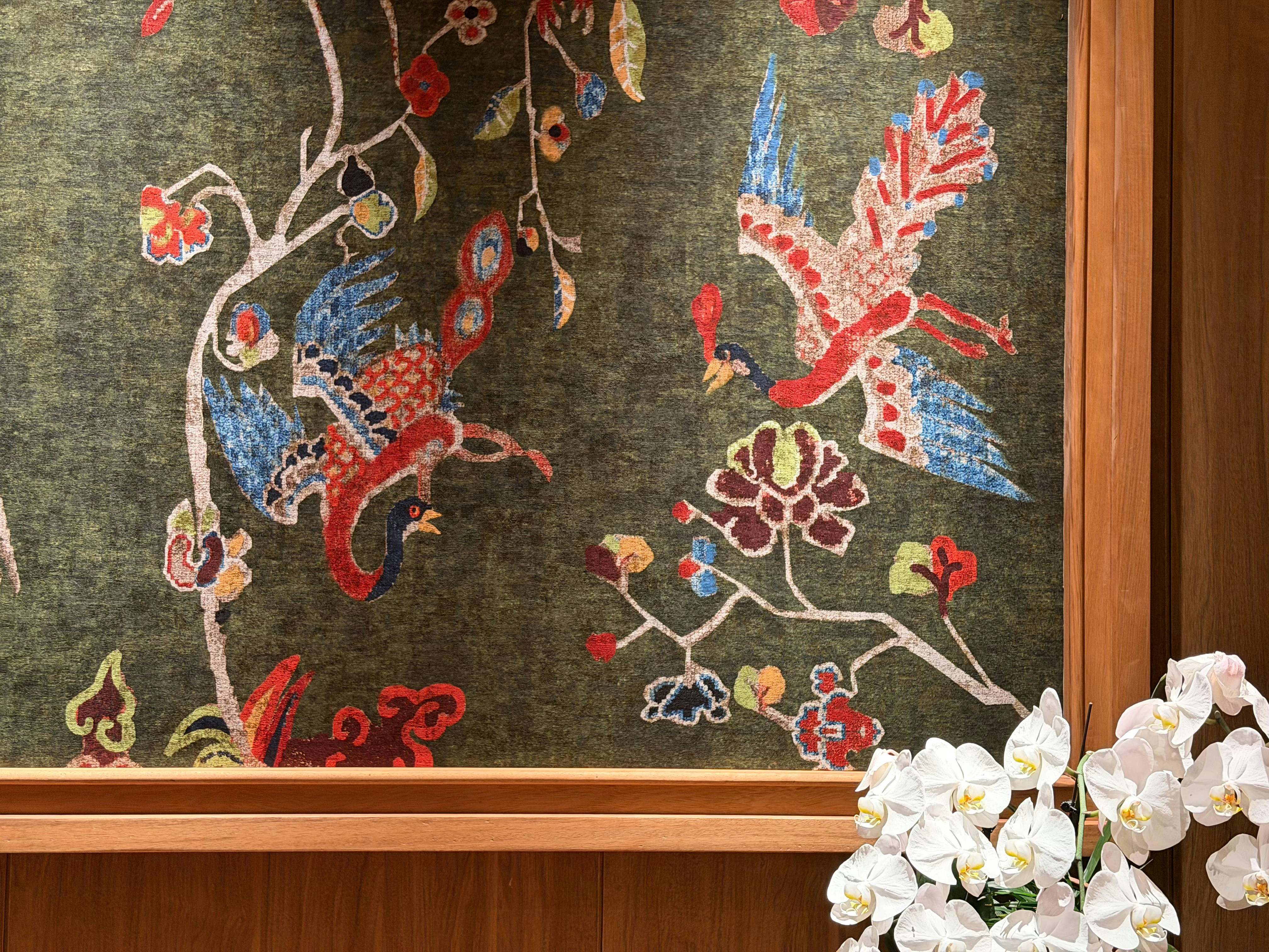 Ornate Silk Tapestry Underlit by Wooden Frame