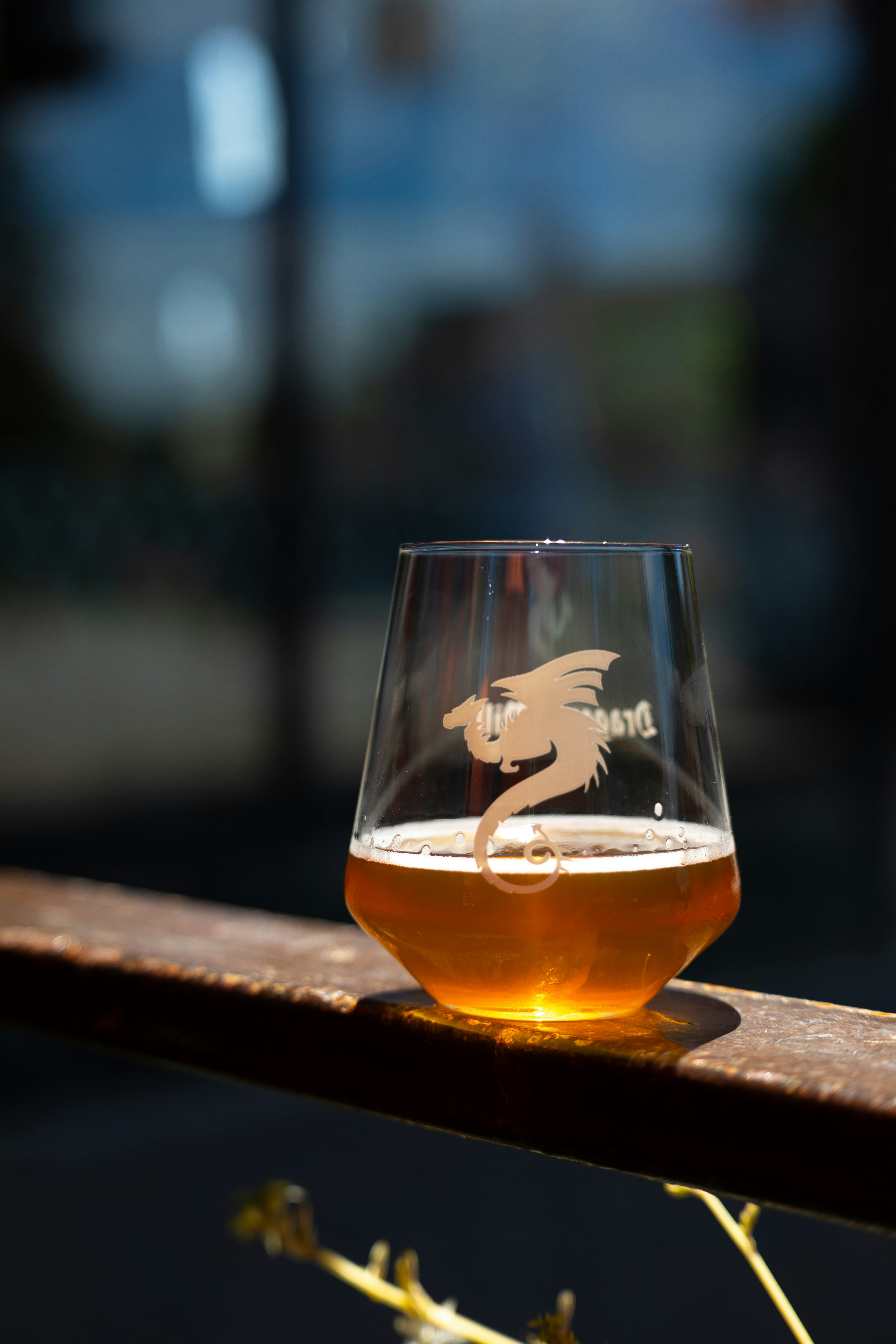 Amber Glass with Dragon Emblem Resting on Wooden Railing