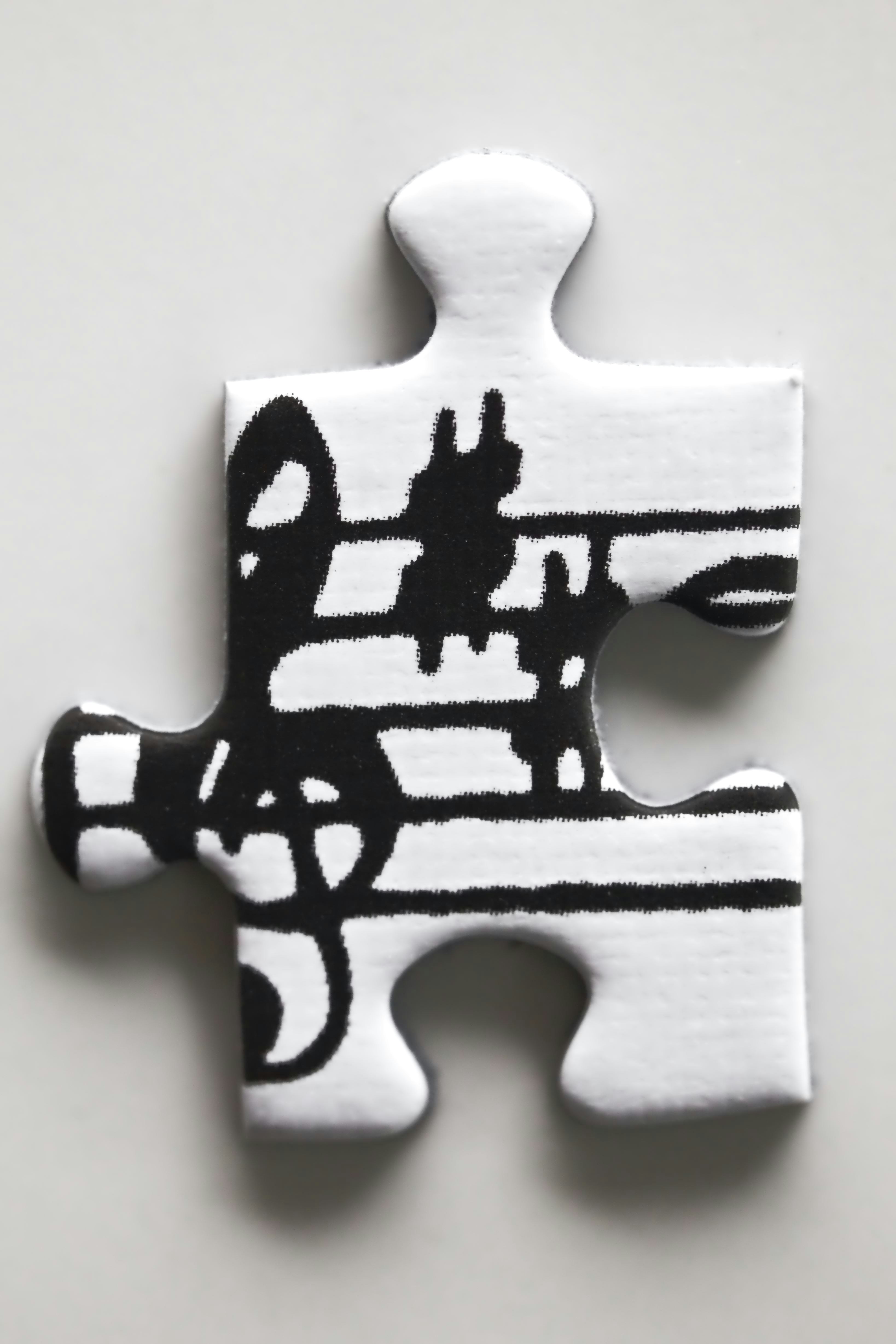 Puzzle Piece Portrait: A Black-and-White Abstract Corner