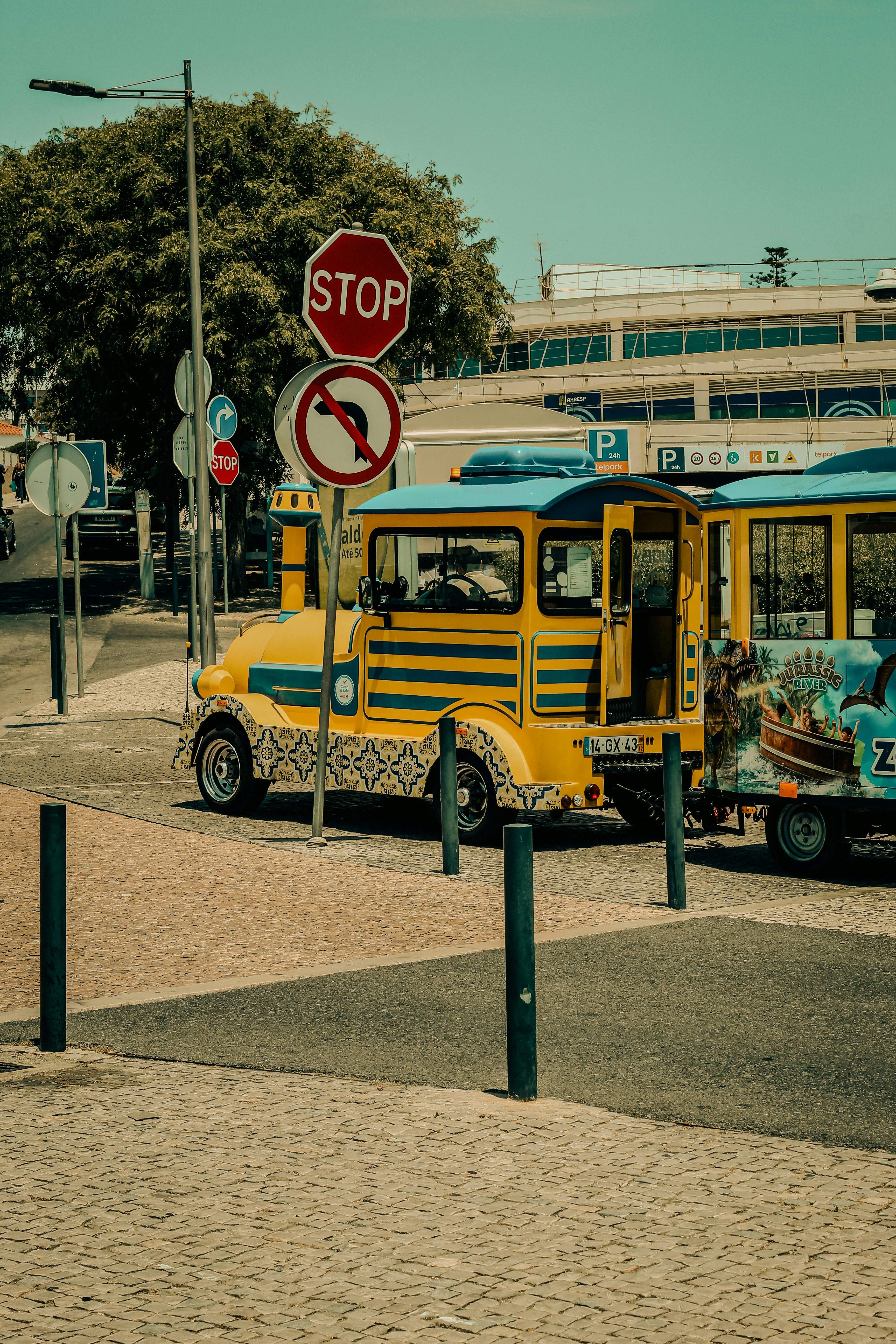 Bus Tour in a Sunlit Square