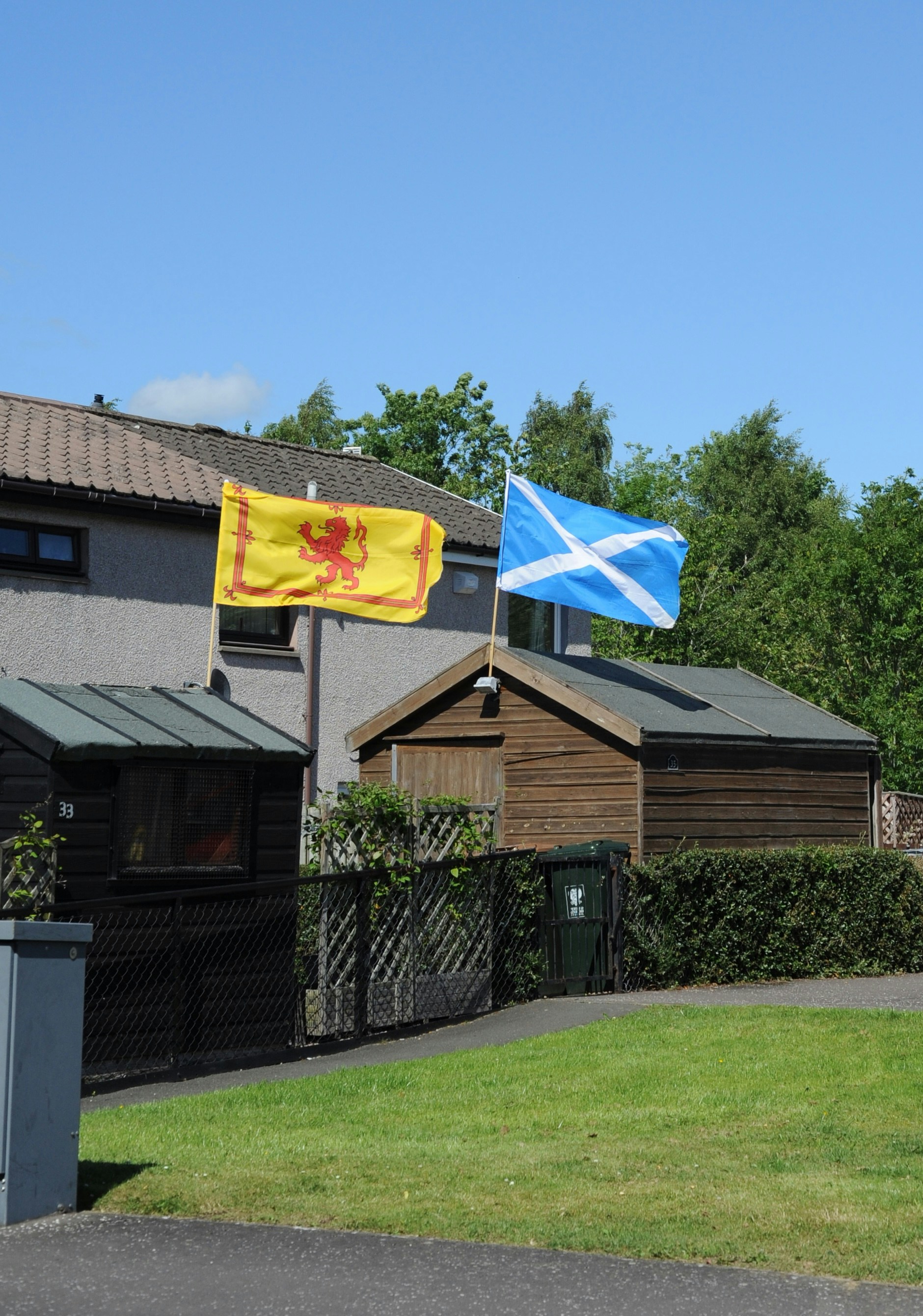 Flags over the suburban yard: ScarletLion and Saltire in sunlight