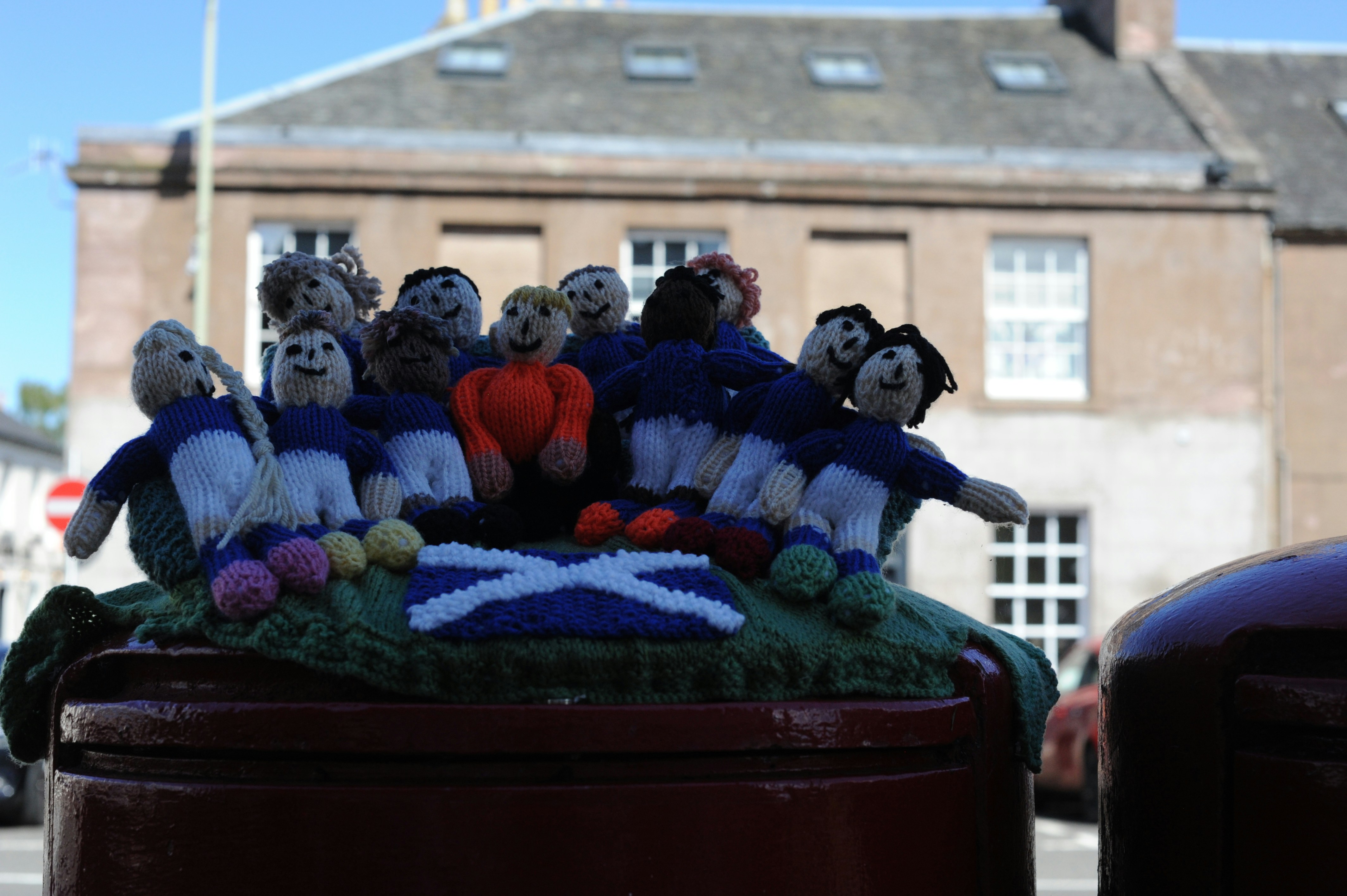 Locals always knit post box covers. This is the Scotland team. So cute! #WorldCup2026