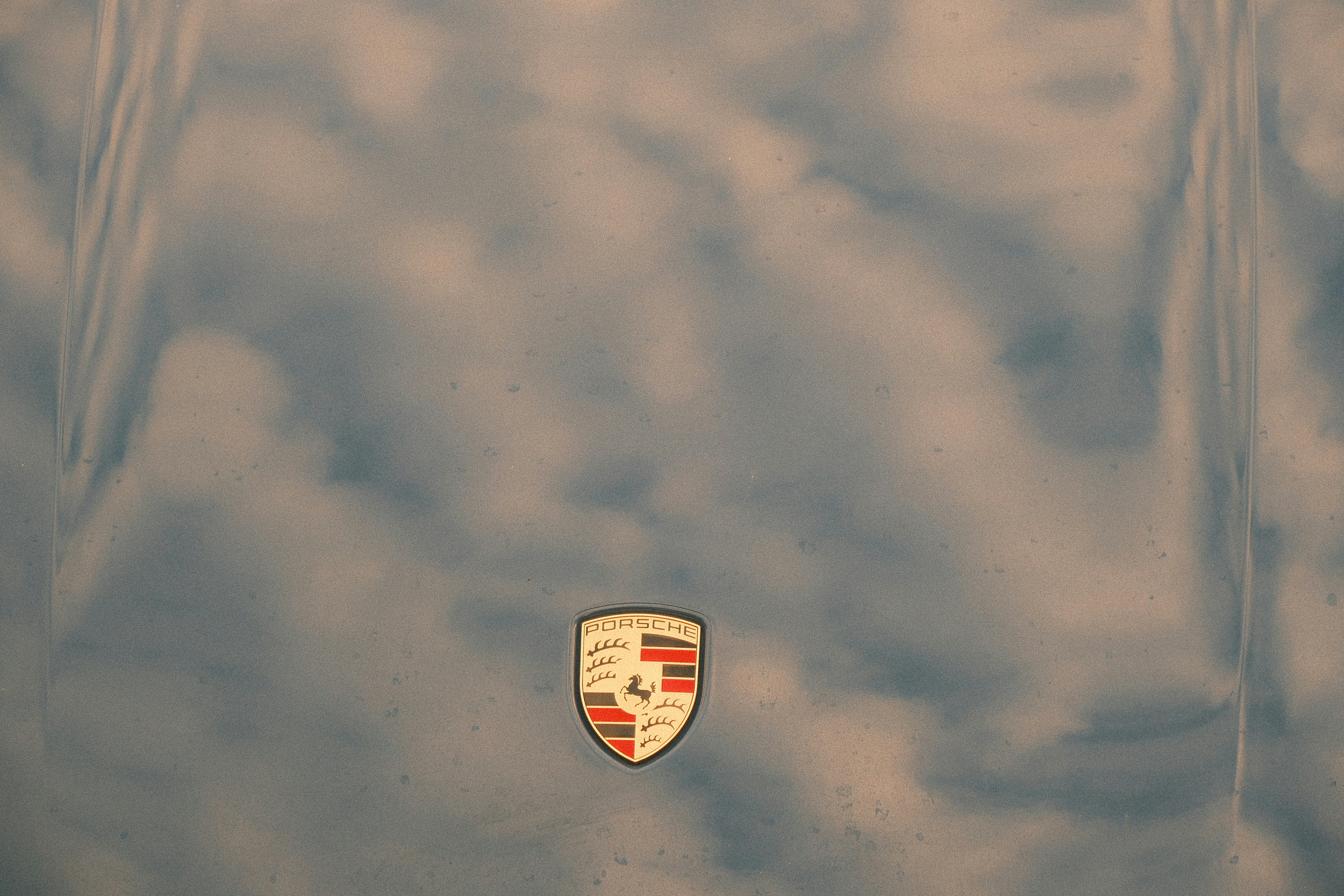 Emblem in the Mist: A Porsche Crest Serenely Embedded in a Pale Sky