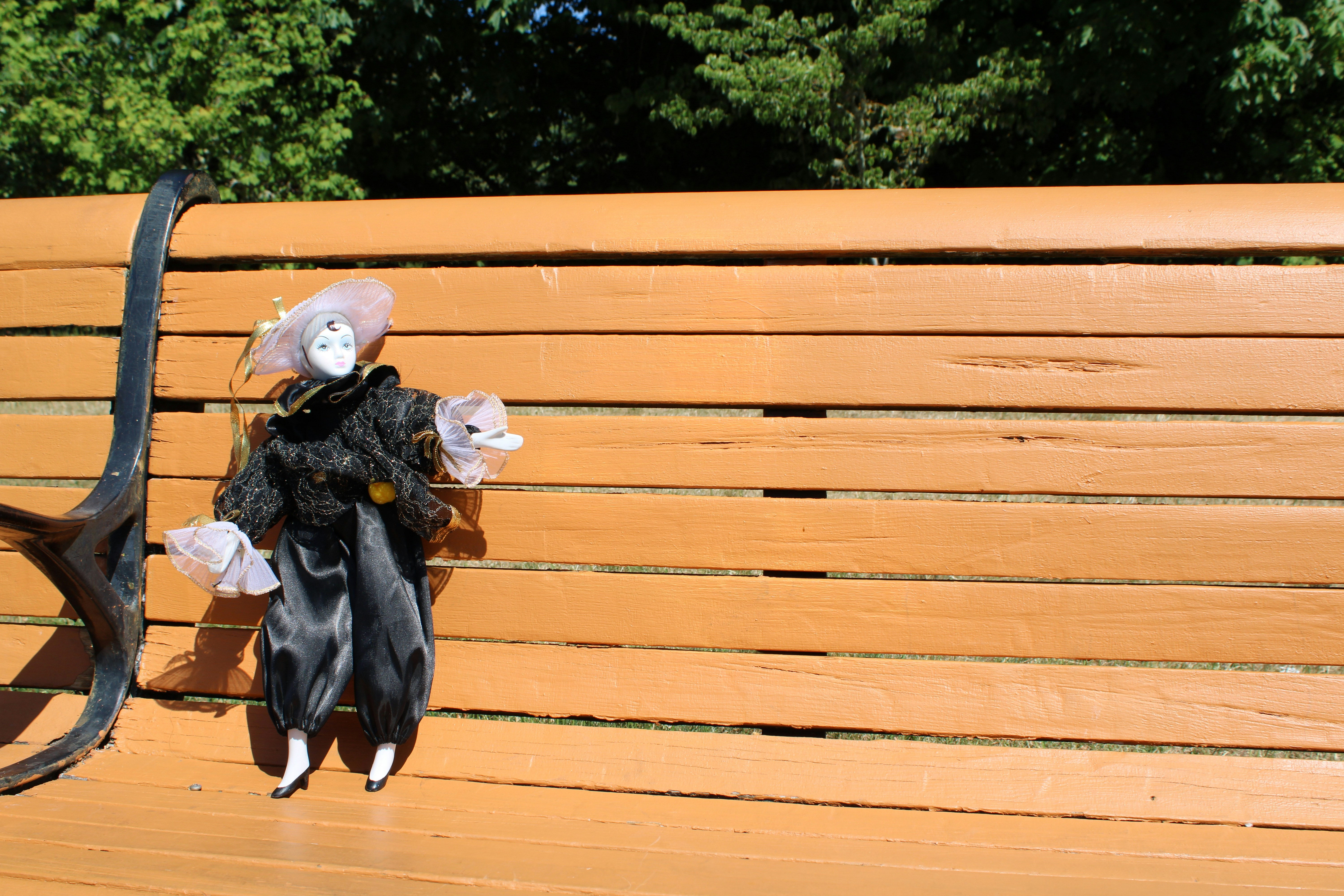 Doll on a Sunny Park Bench: A Quiet Moment in Wood and Plastic