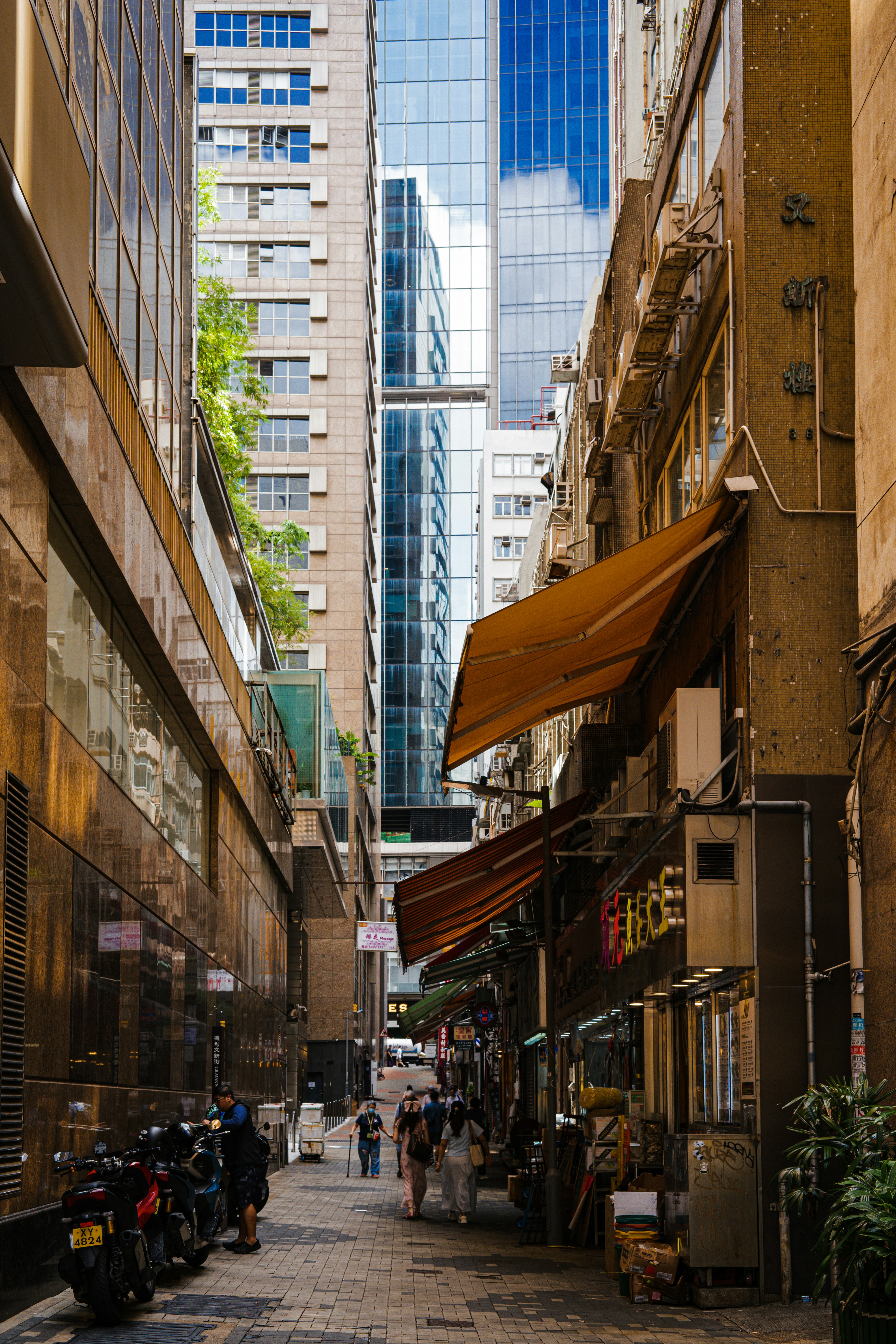 Urban Canyon: A Narrow Alley Between Glass Towers and Sunlit Awnings