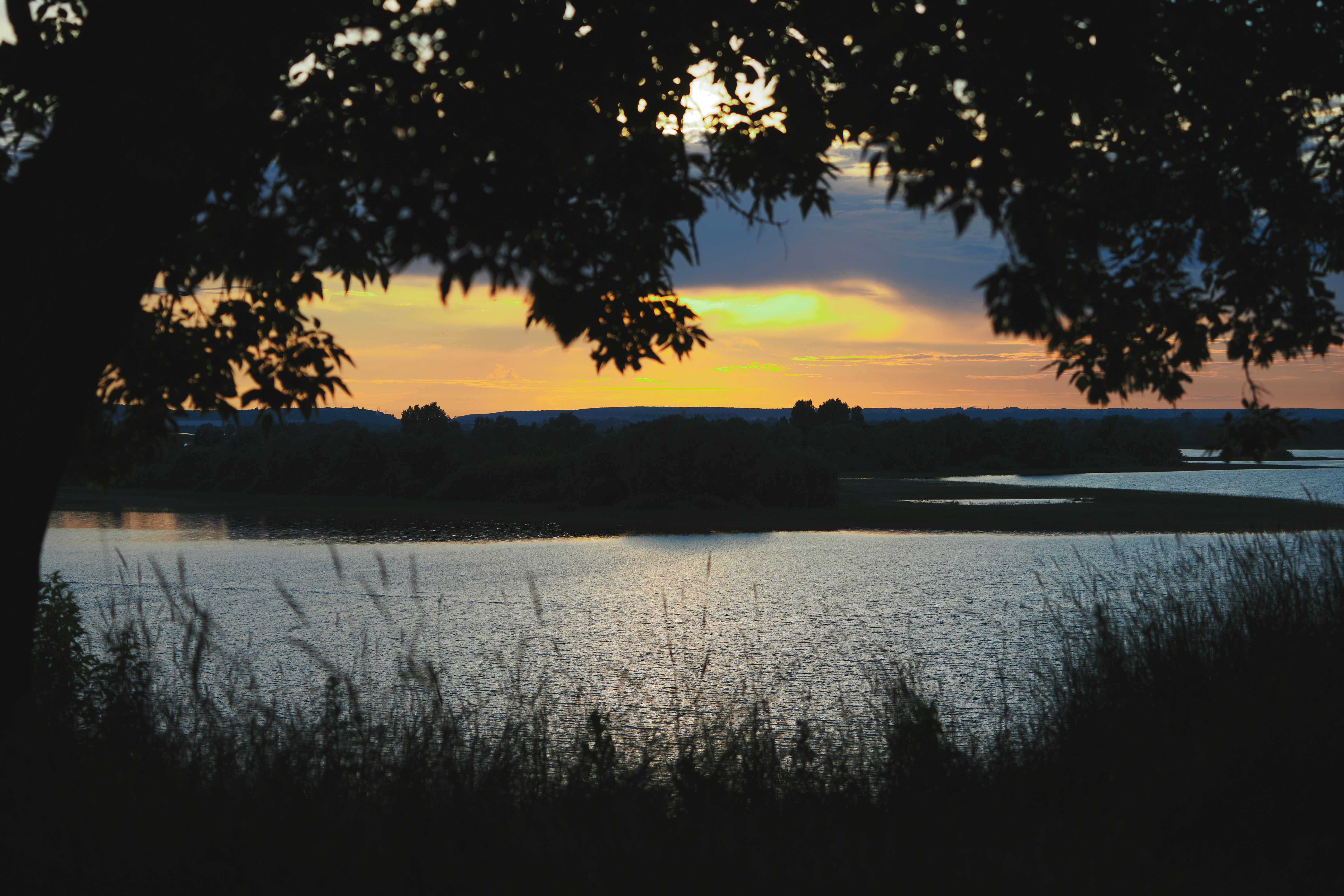 Silhouette Over Golden Water: Dusk by the Riverbank
