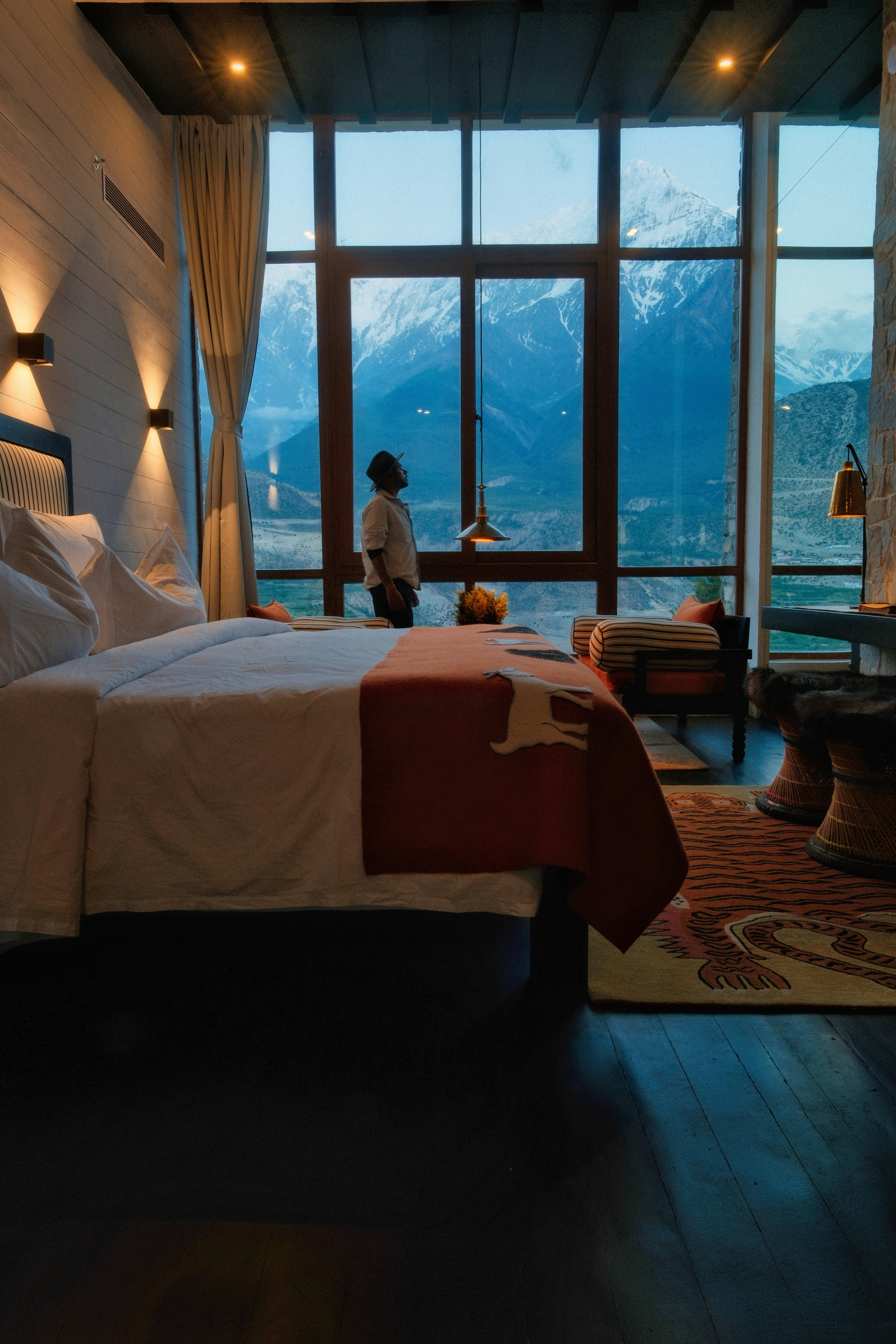 Quiet Balcony Hotel Overlook: A Woman in a Cozy Mountain Room