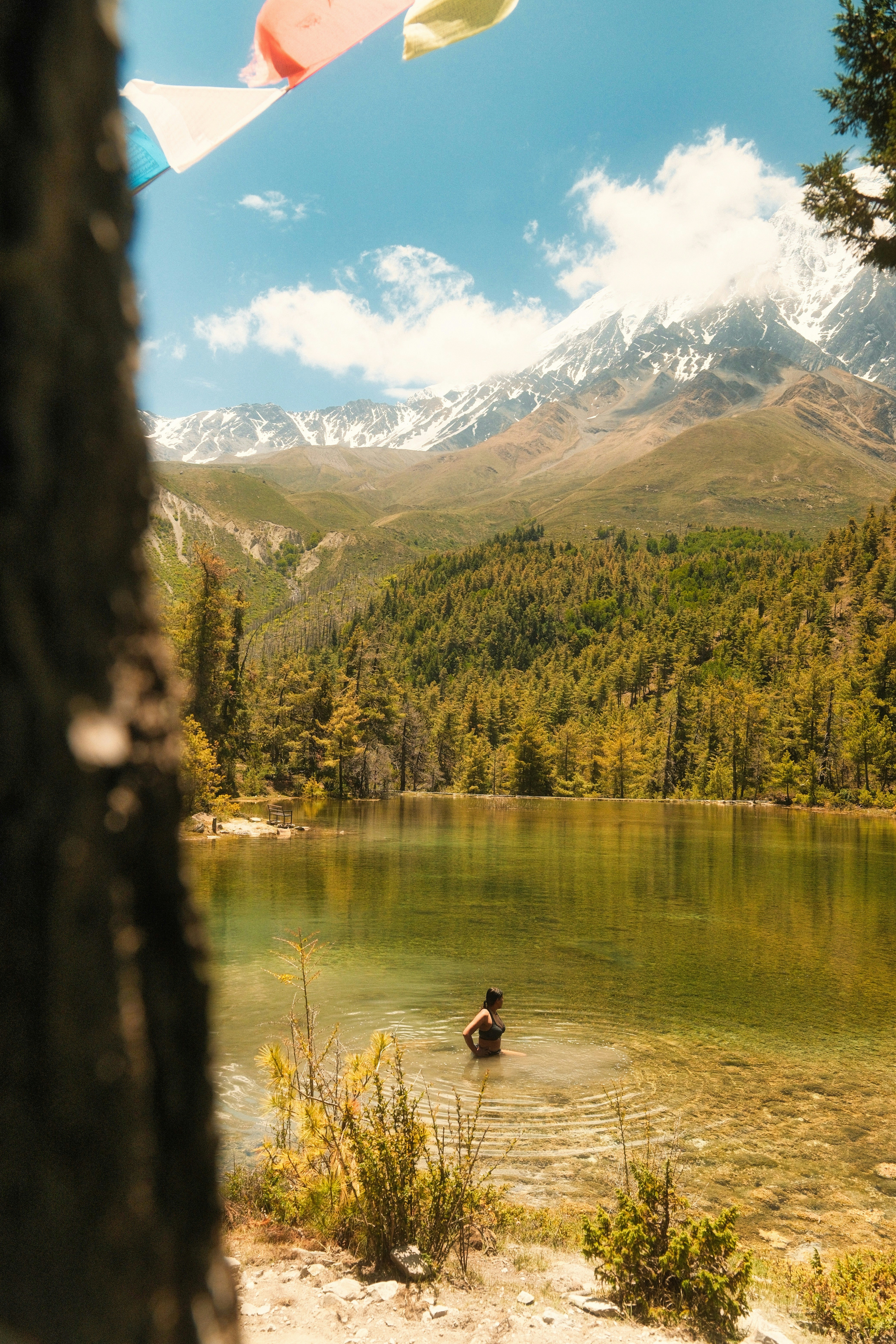 Solitary swimmer in a alpine lake under fluttering prayer flags