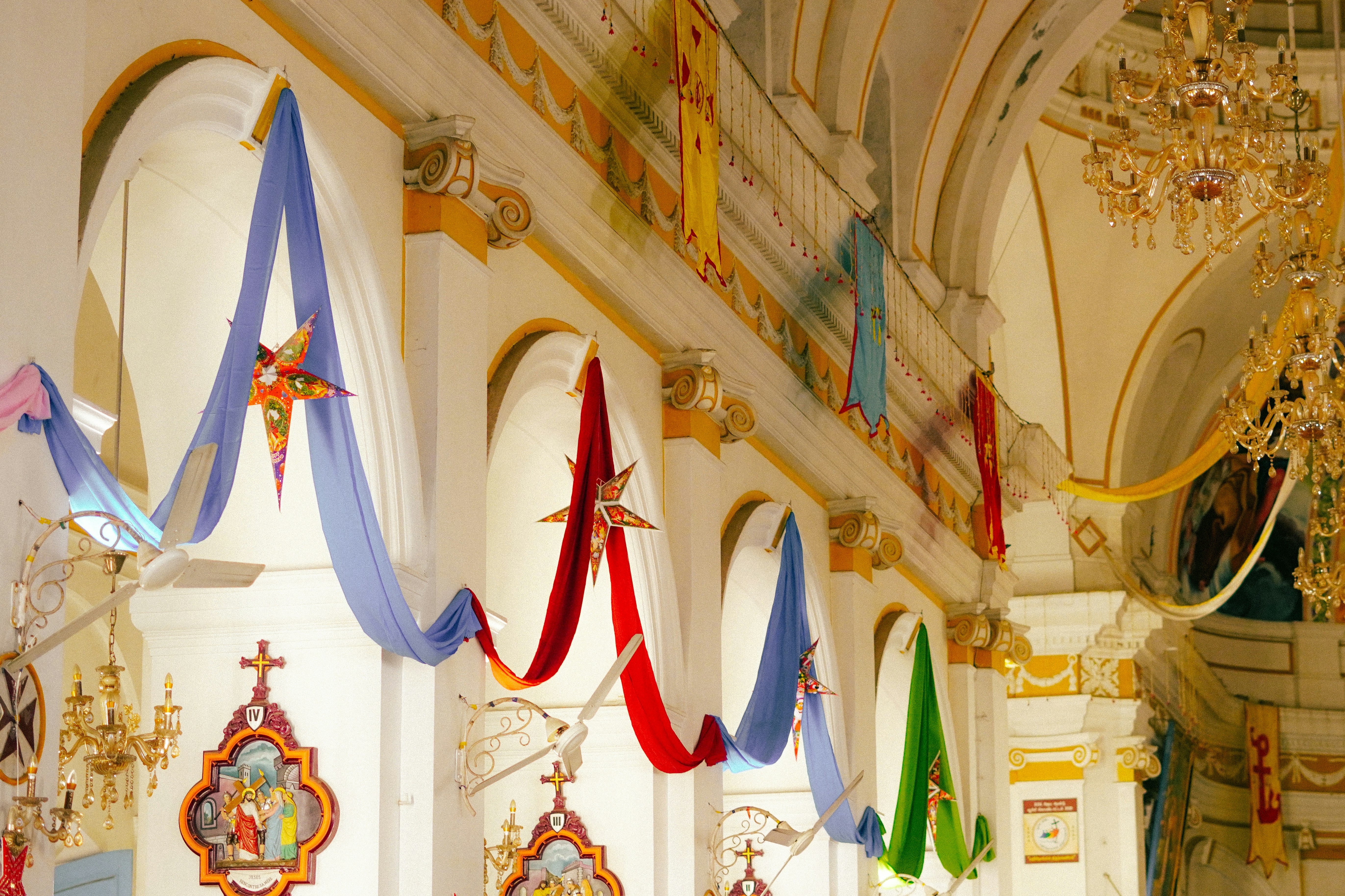 Colorful Draped Archways in a Sacred Hall