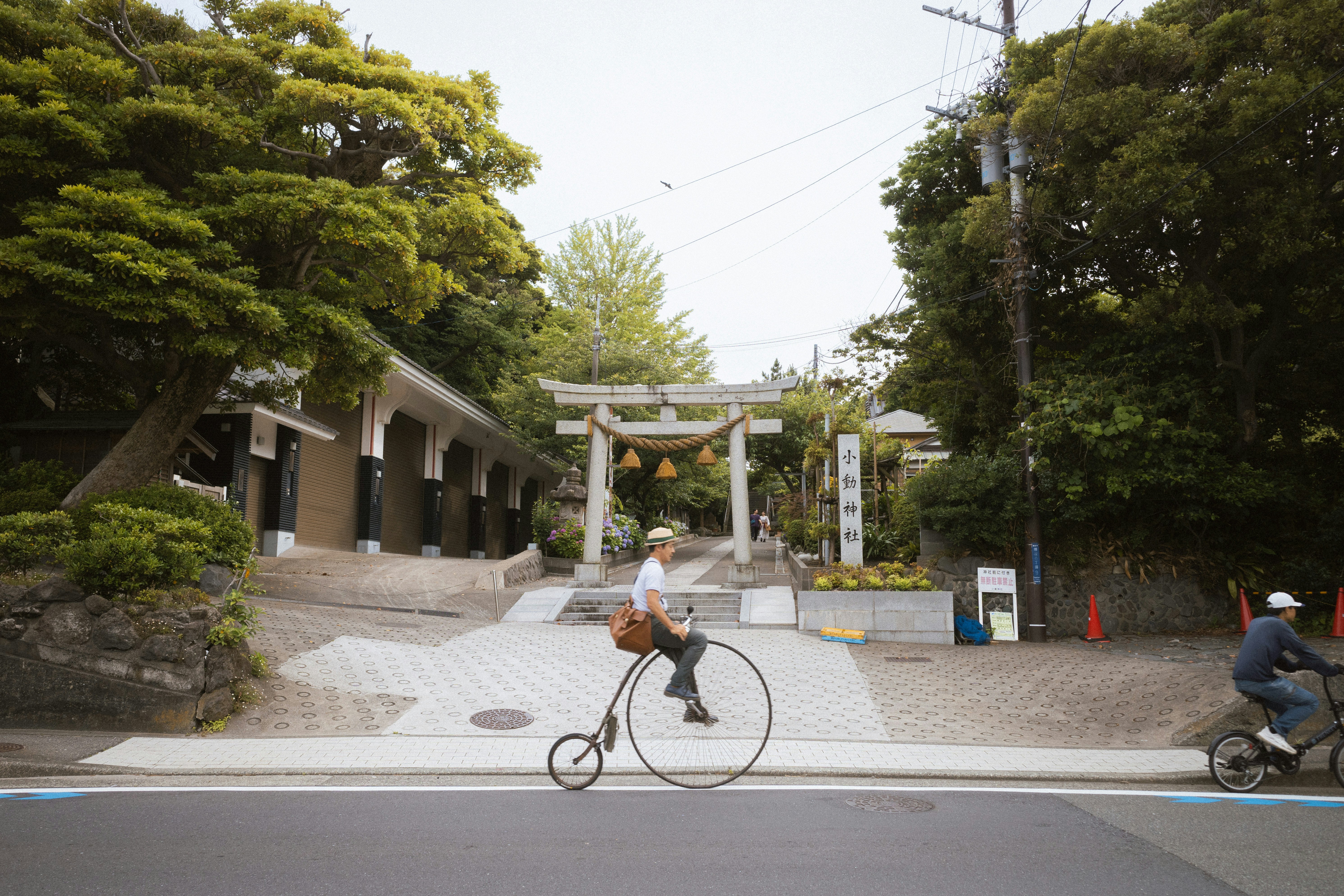 A cyclist with a vintage penny-farthing-style front wheel rides along a street toward a torii gate at a shrine entrance; the scene captures everyday urban motion against a serene temple backdrop.