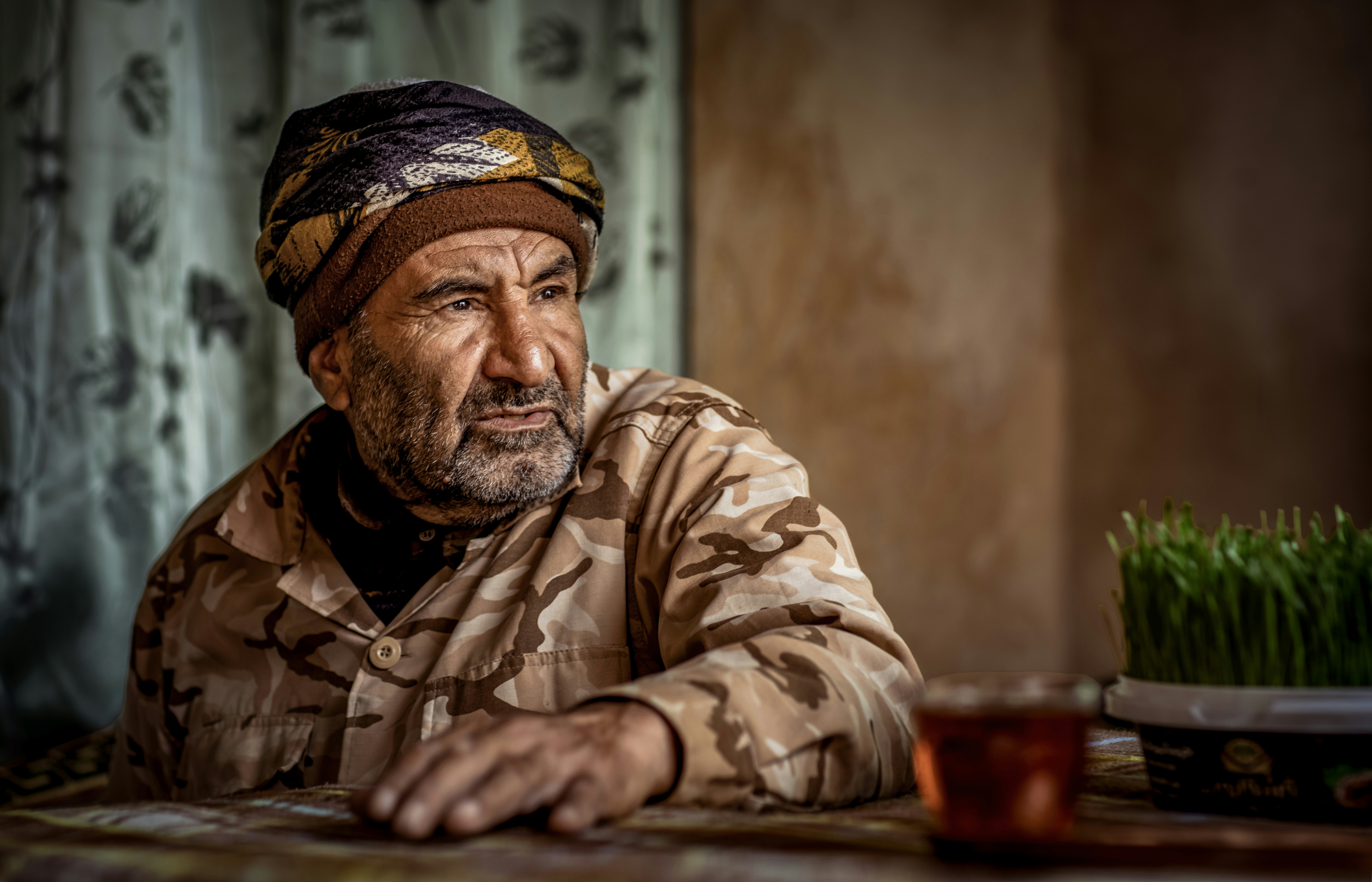 Weathered gaze: a veteran's quiet vigil in a sunlit doorway