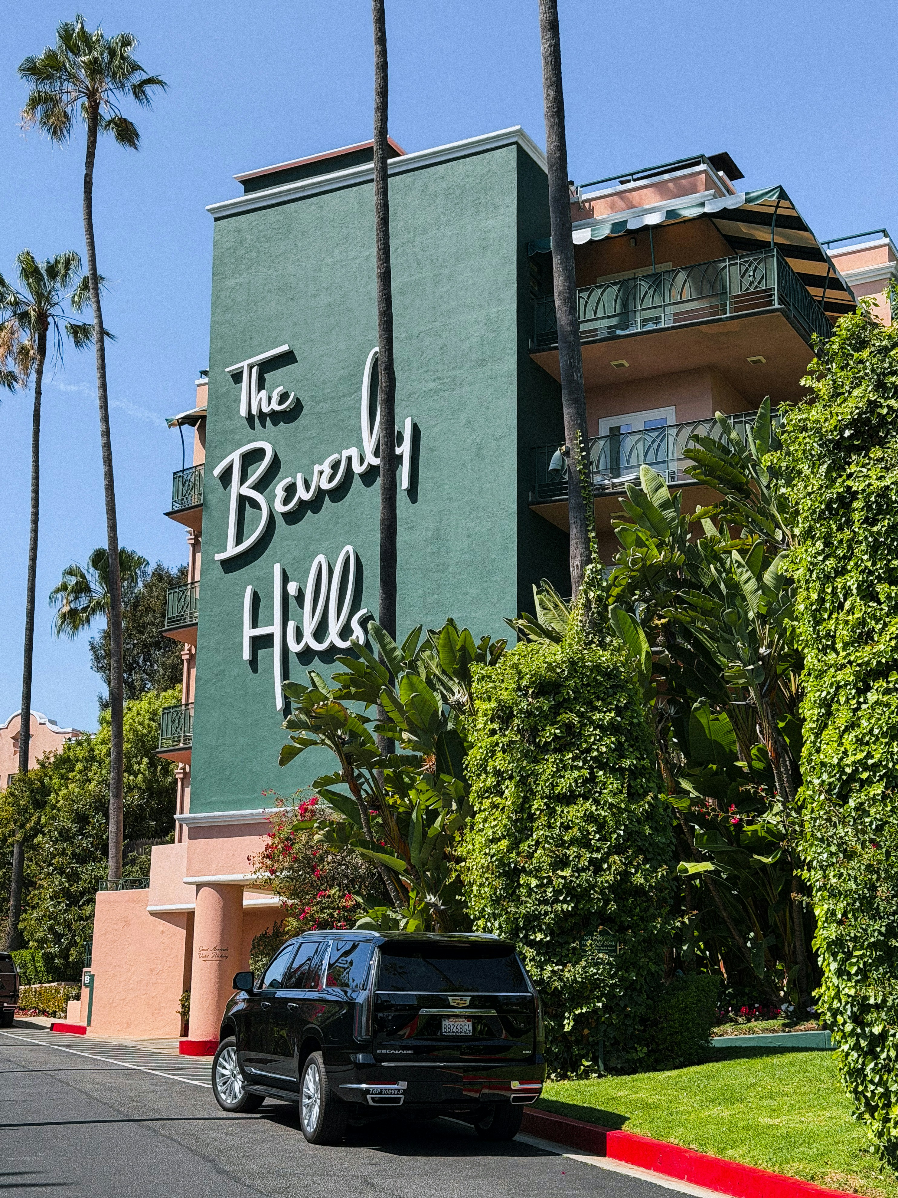 The Beverly Hills Green Facade Under Tall Palm Shadows