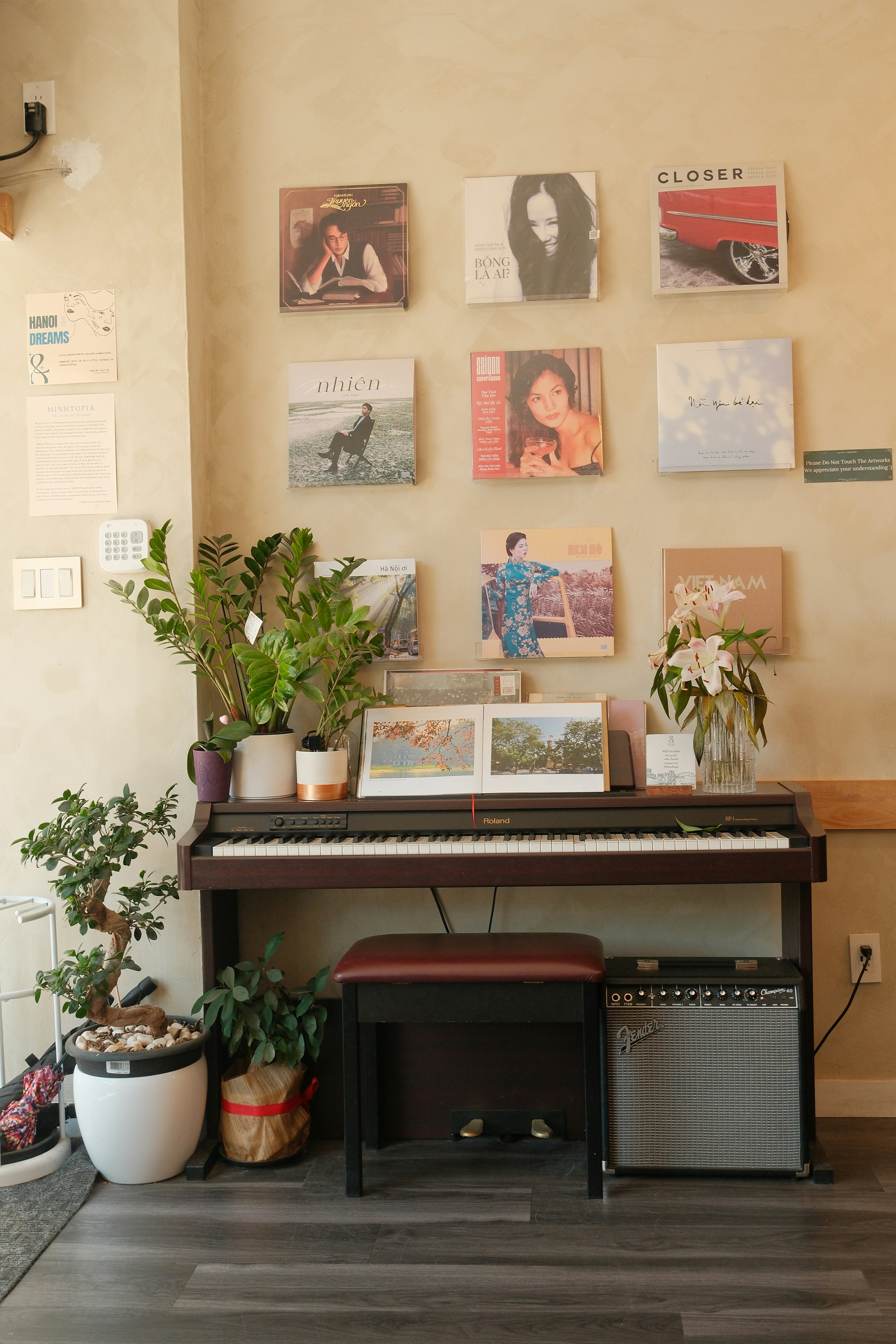 Muted Melodies: A Cozy Piano Corner Surrounded by Album Art