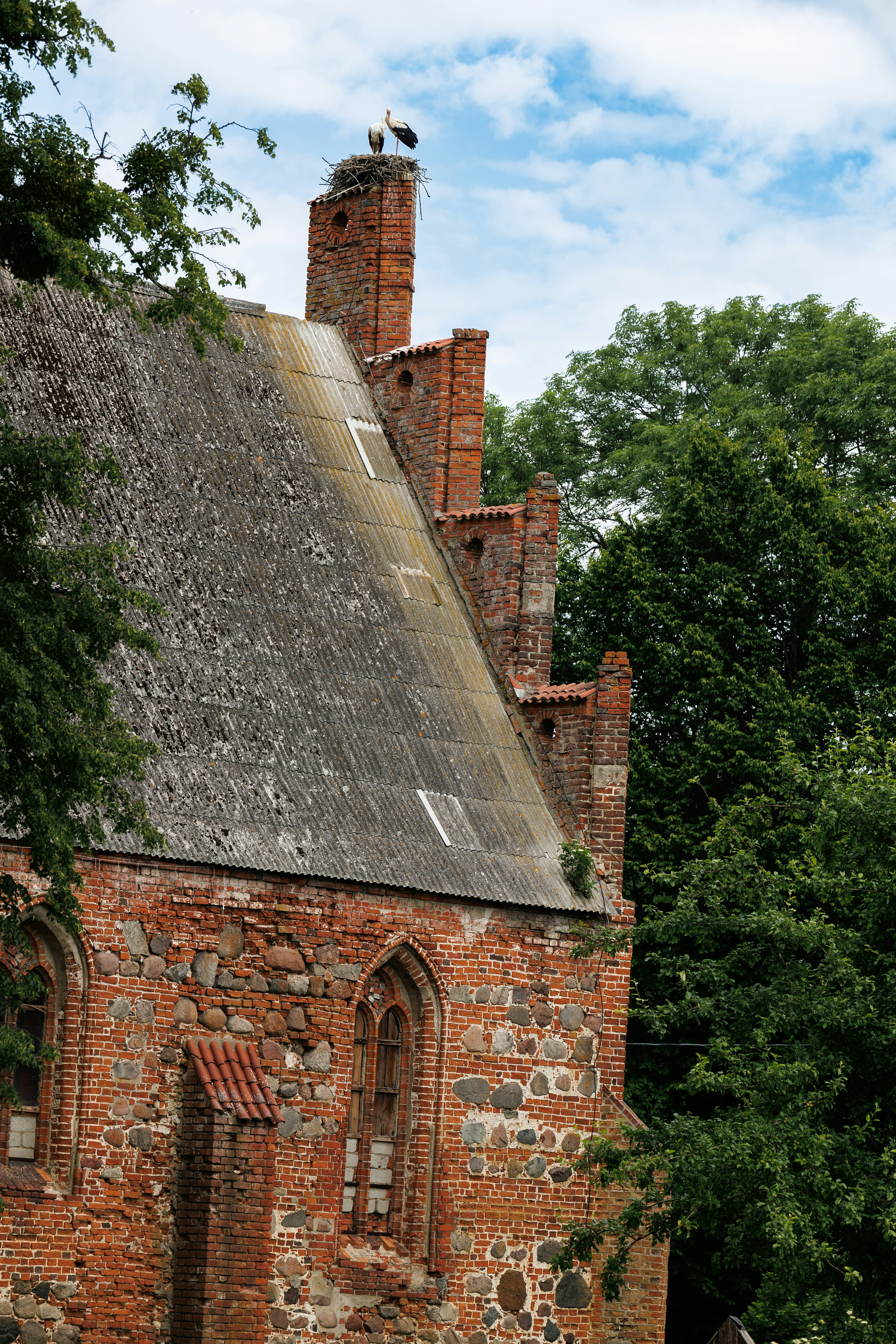 Stately Storks' Nest atop a Brick Chapel