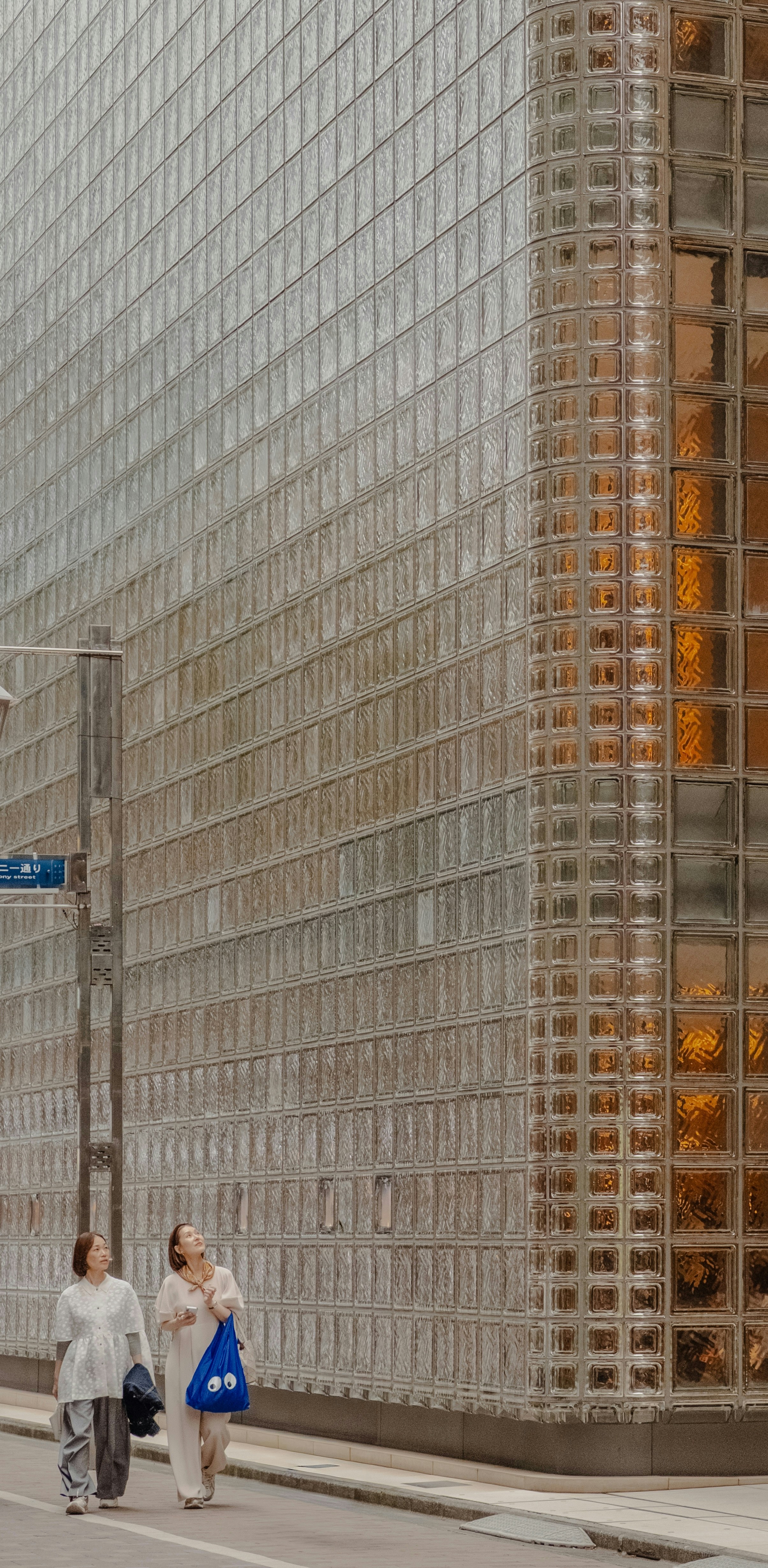 Urban Glasswork: Two Women Walk the Silvery Facade Corridor