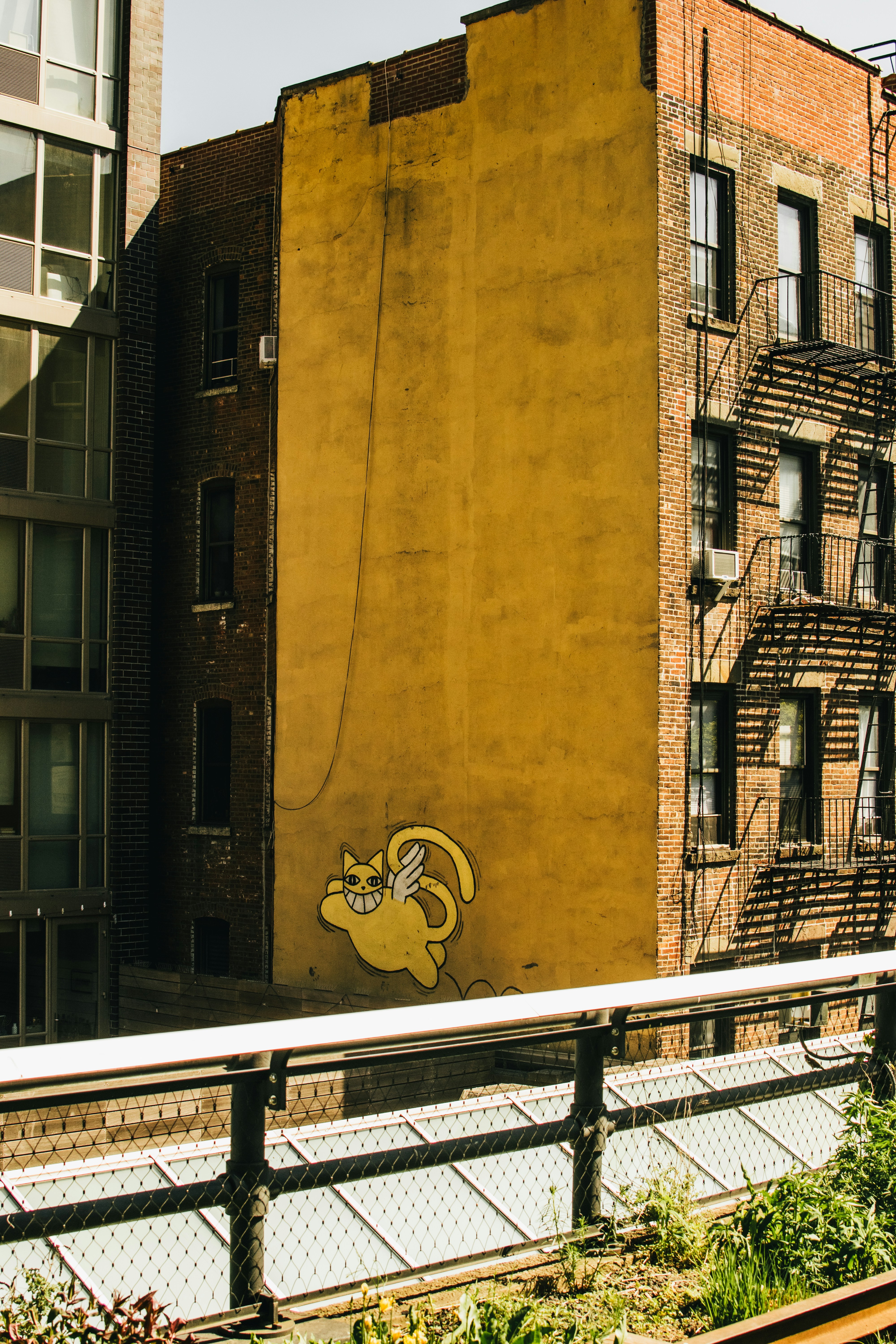 Yellow Wall Graffiti: Garfield-esque Cat On a City Brick Canvas