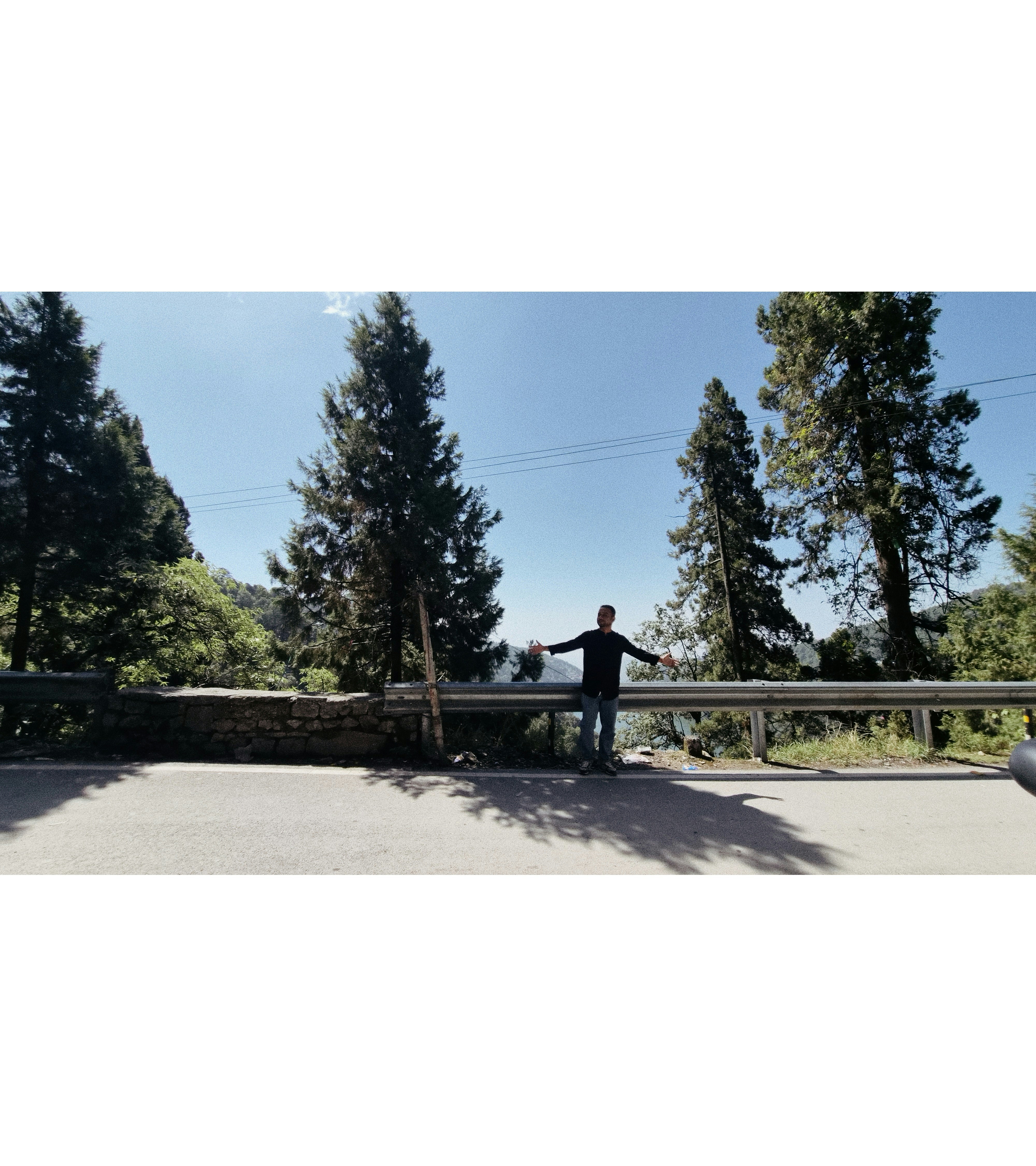 A lone figure stands with arms outstretched along a roadside guardrail, framed by tall pine trees under a clear blue sky.