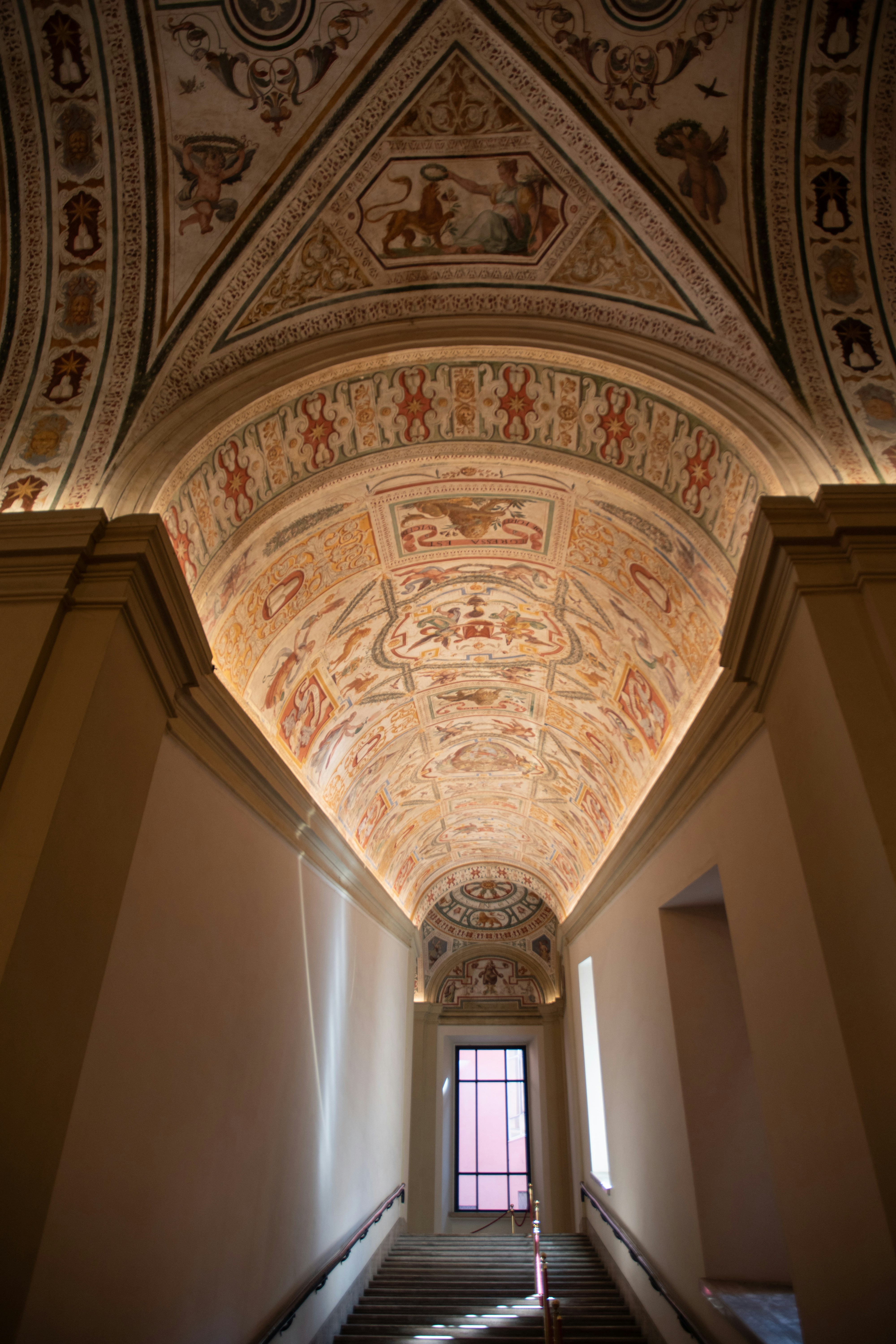Vaulted Ceiling Path: A Staircase Through Painted Frescoes