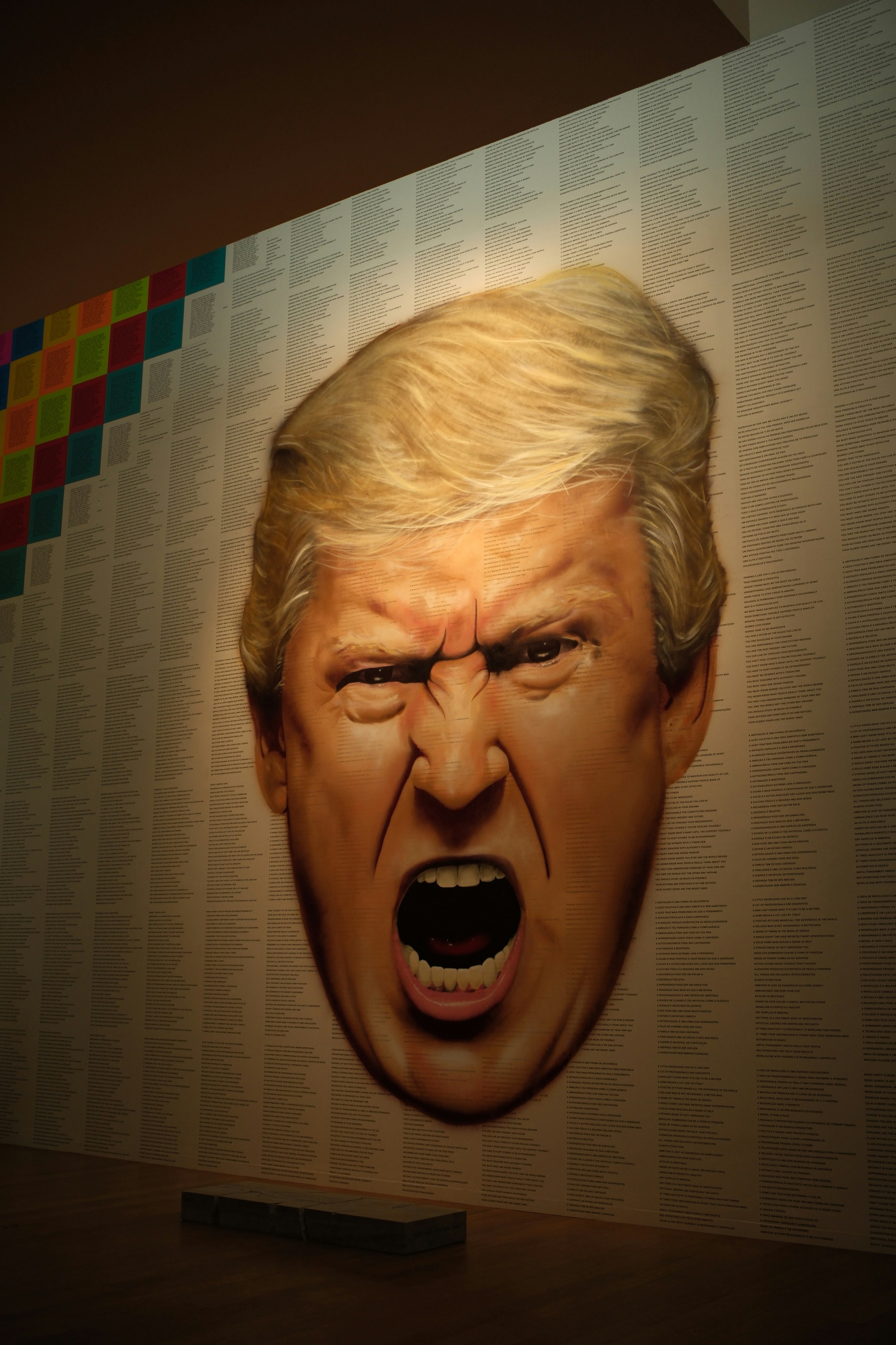 Energetic bust of a screaming face mounted against a wall of dense text; a gallery installation exploring emotion and information. This is a sculpture/photo with a large, dramatic central face.