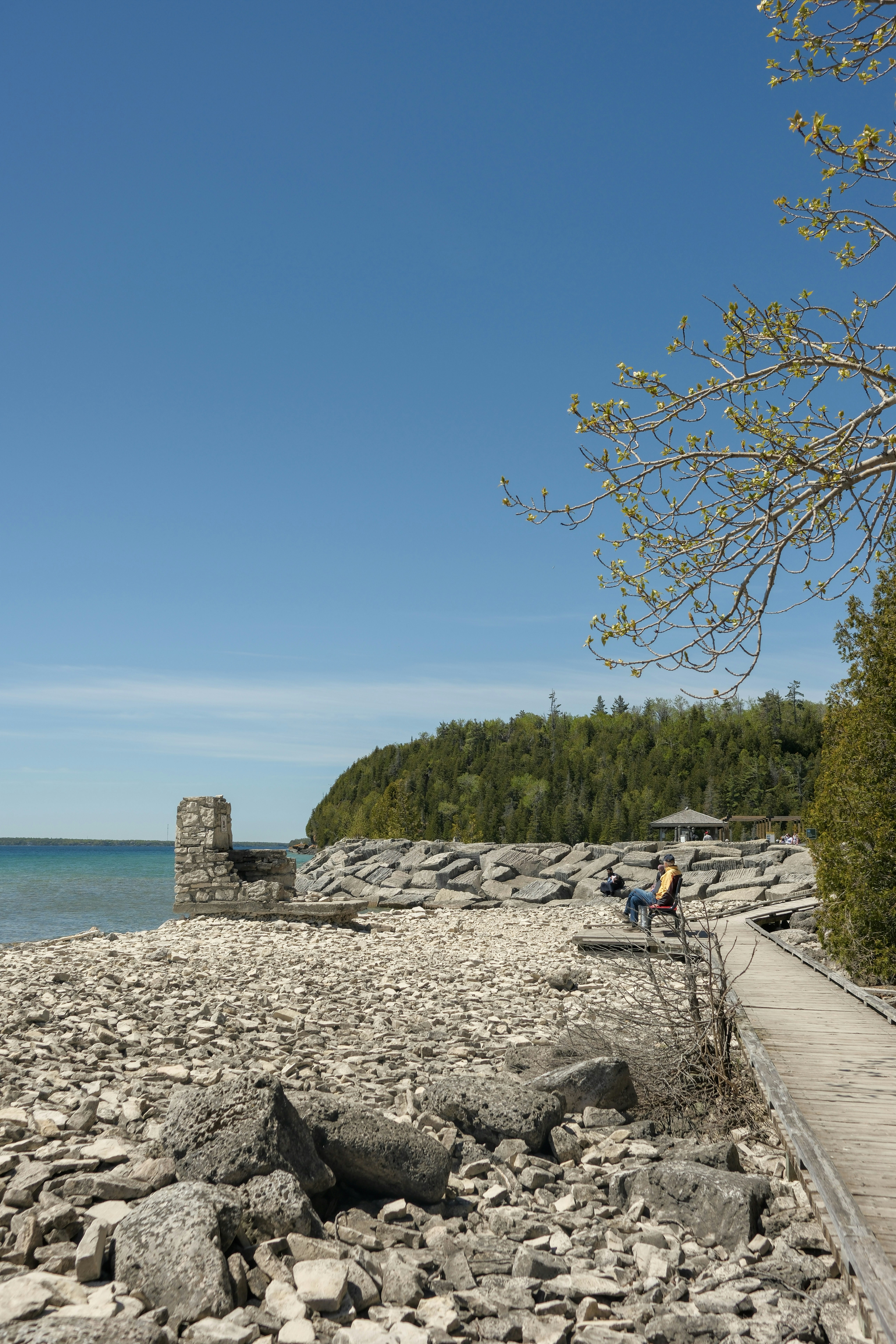 A vertical photo taken from a low angle on a rocky stone beach. A rustic wooden boardwalk path paths along the right side, guiding the eye toward a traveler sitting on a bench in the distance. On the left, you can see the old stone ruins of a building foundation by the clear blue water. A delicate tree branch with fresh green leaves frames the top right corner beautifully. This cozy, unpolished shot is perfect for footwear brands, heritage magazines, or family travel blogs.