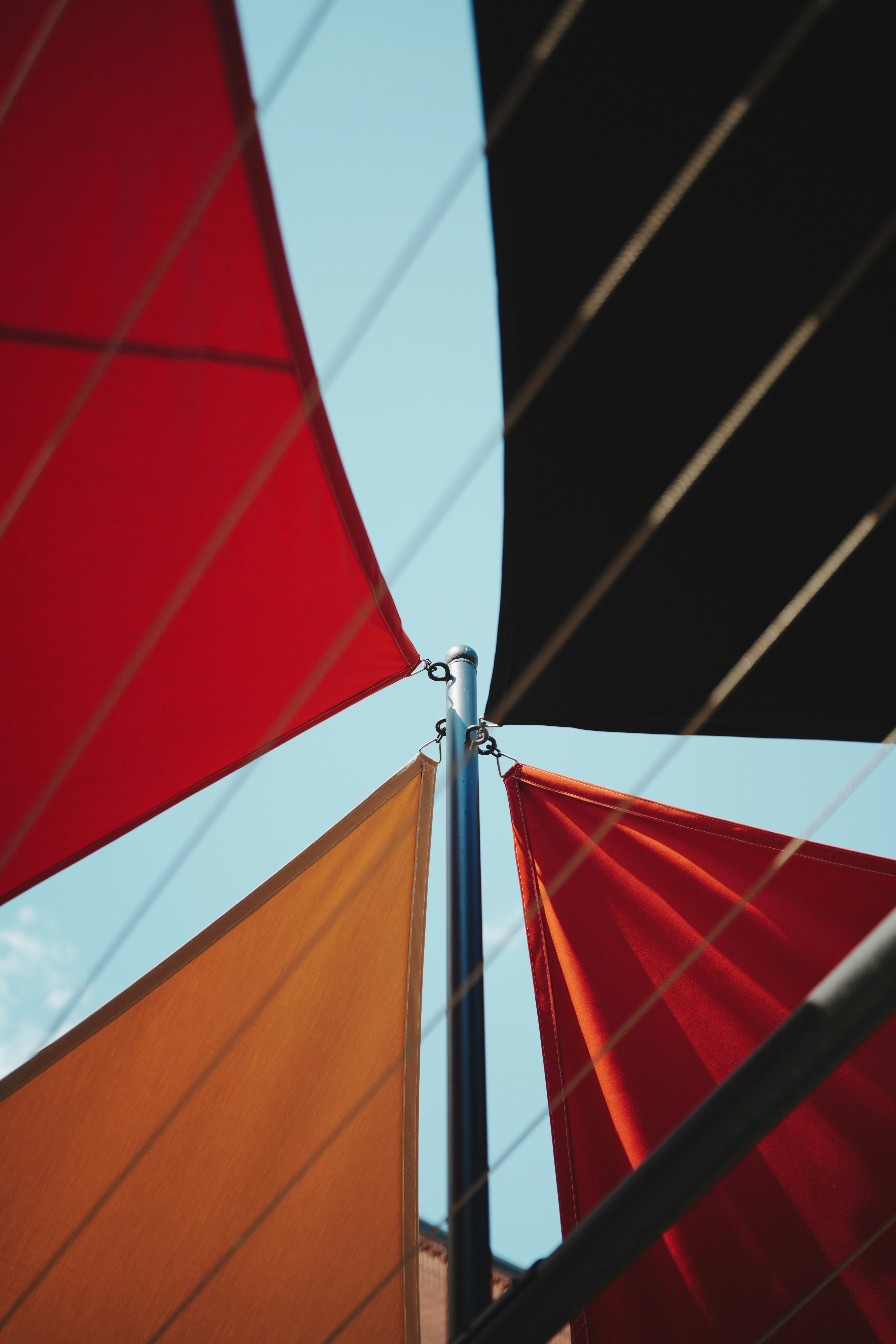 Crisscrossed Canopies: A Colorful Tension Above Bright Sky