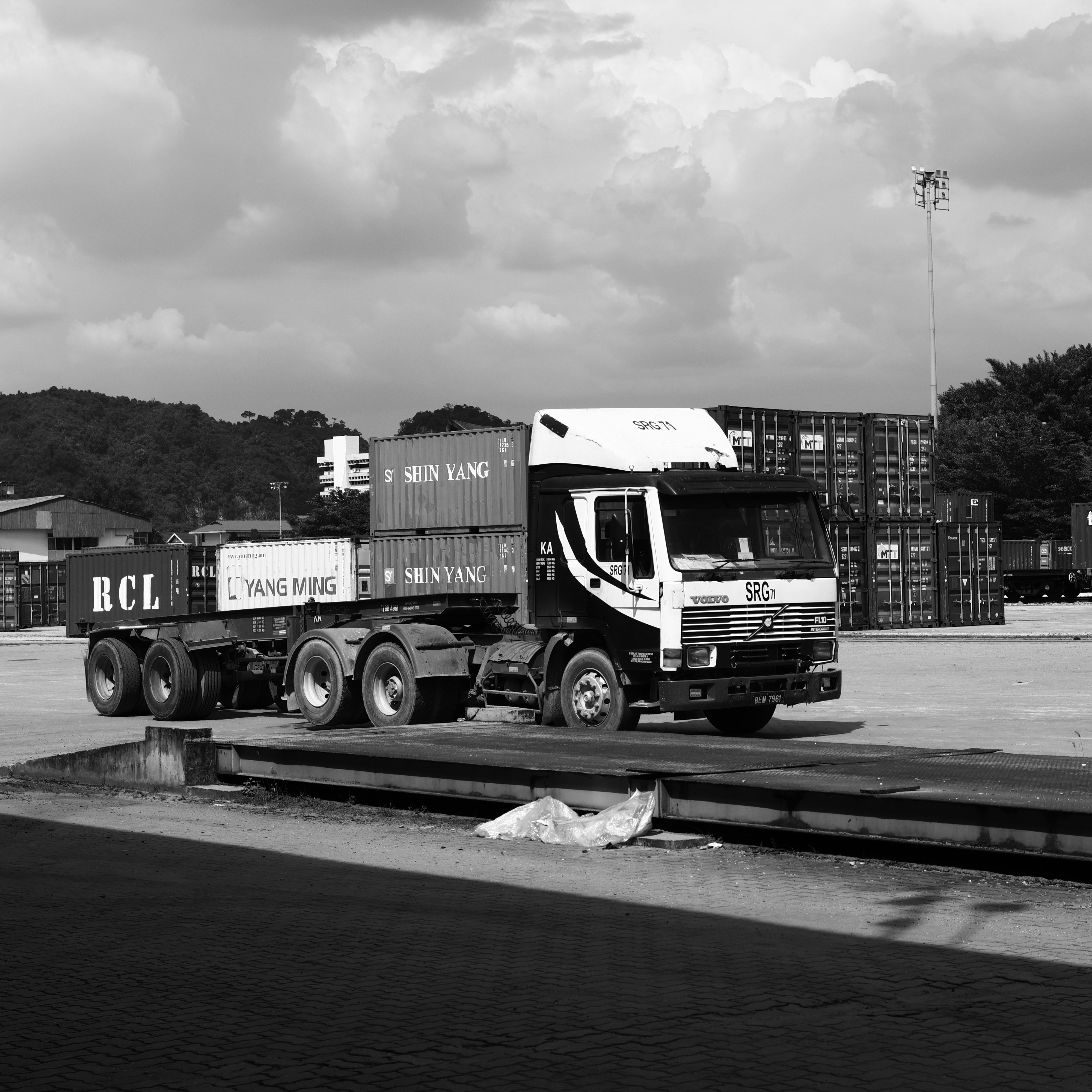 Container Truck at the Dock: Quiet Strength in Monochrome