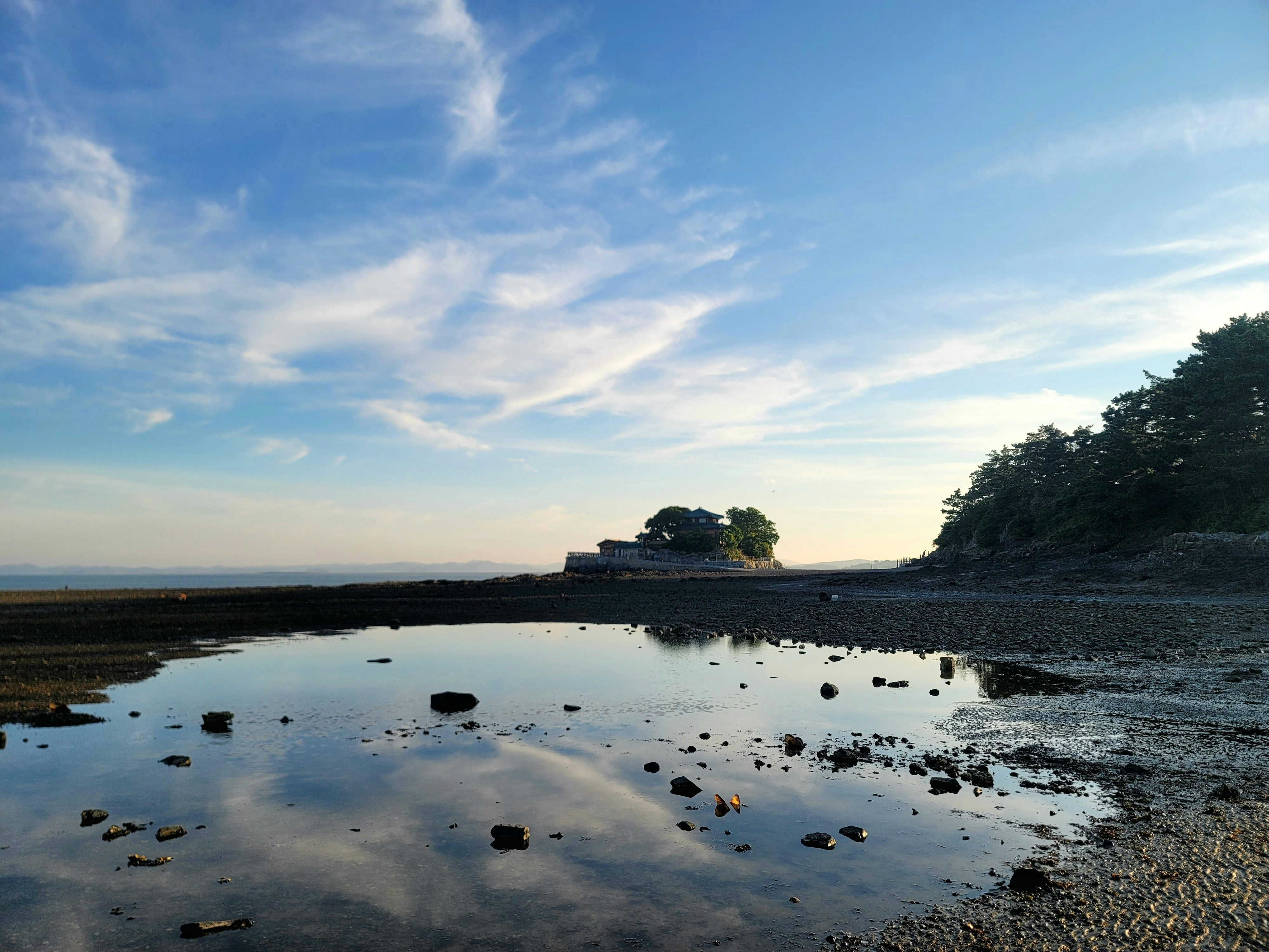 Lonely Island Fort glistens at low tide under a wide Atlantic sky