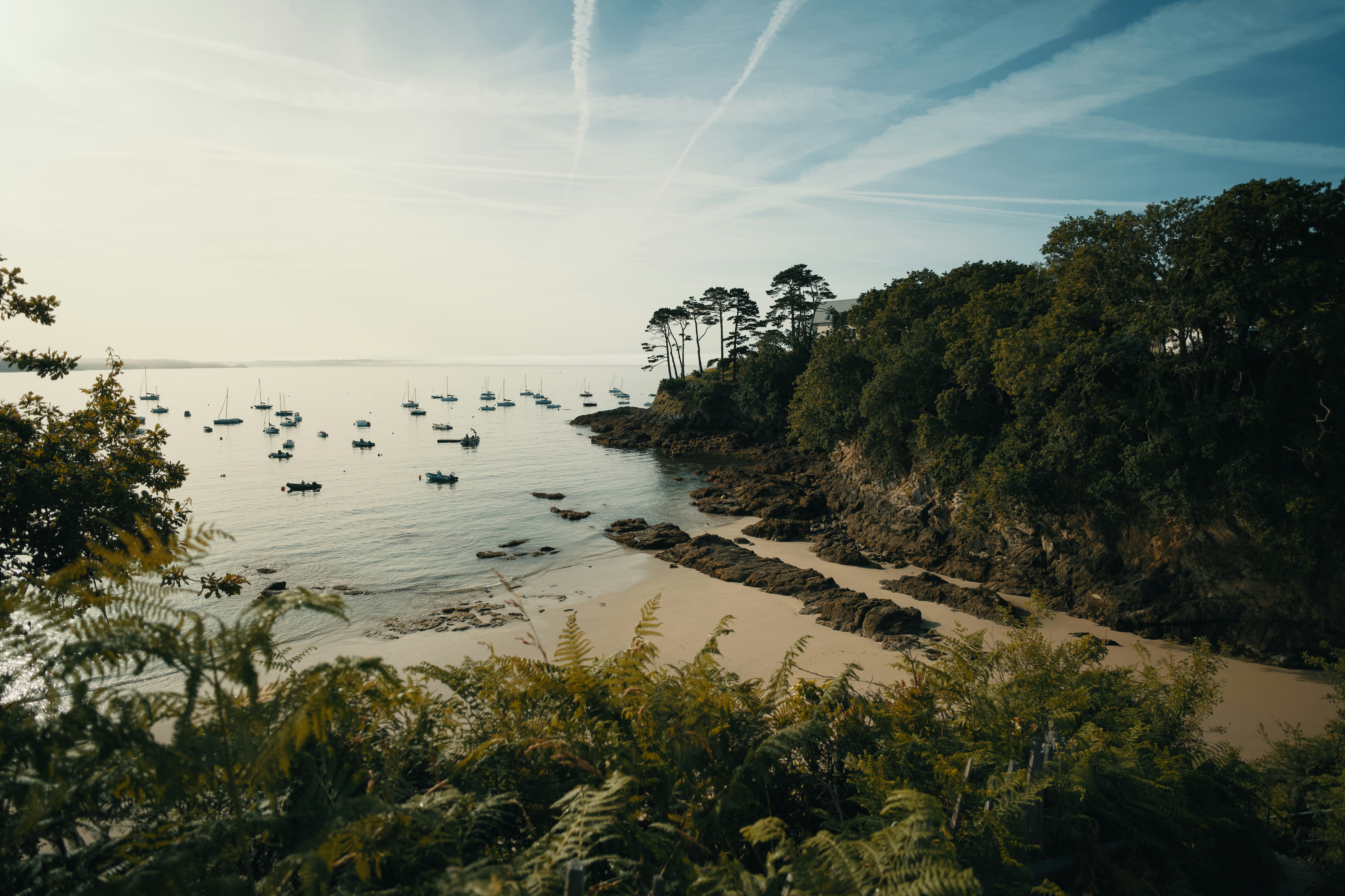 Sunlit Cove: Boats resting in a calm harbor framed by lush cliffs