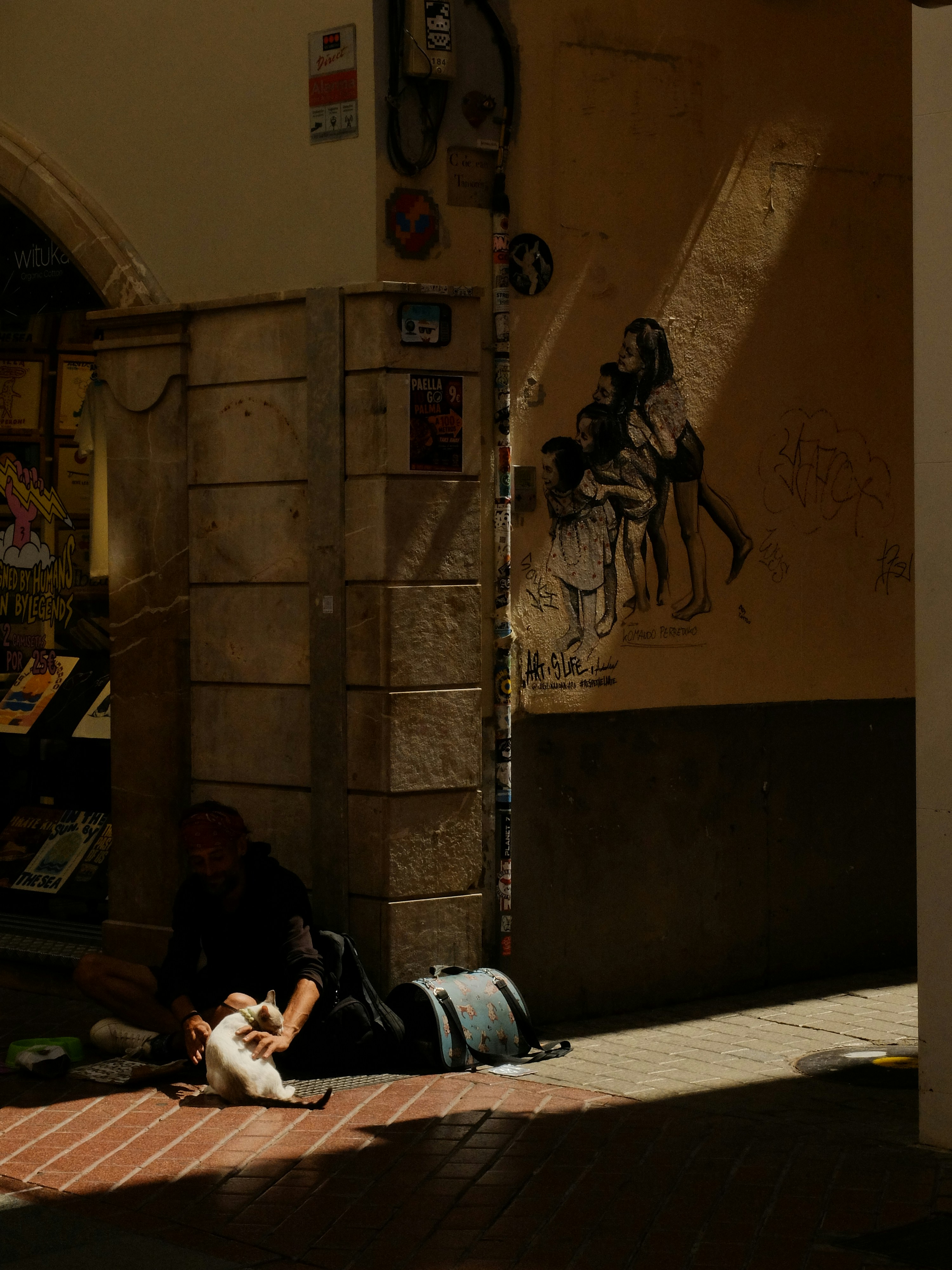 Sunlit Alley: A Woman and Puppy Rest Under Shaded Archway