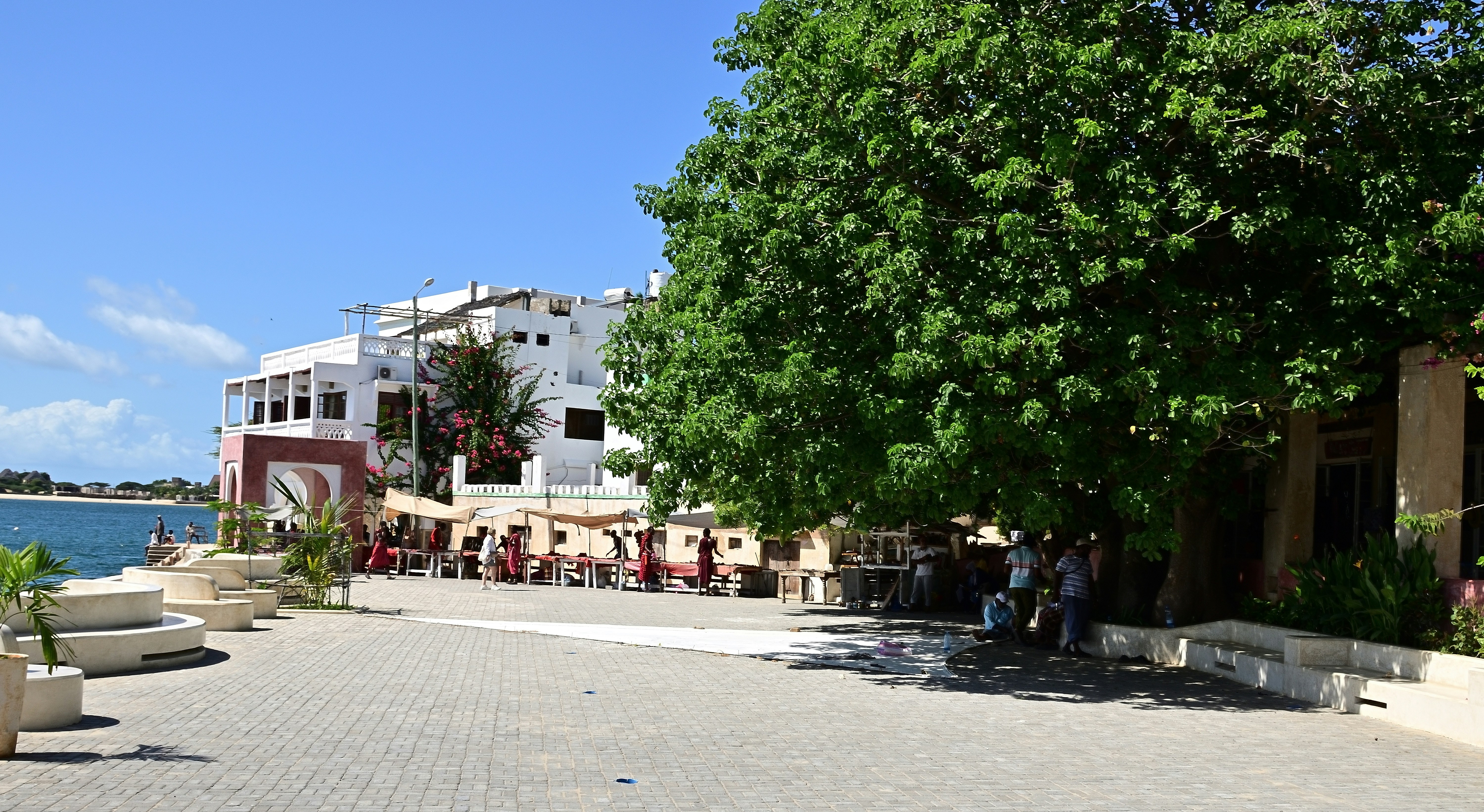 Harborfront Café Under a Shaded Canopy