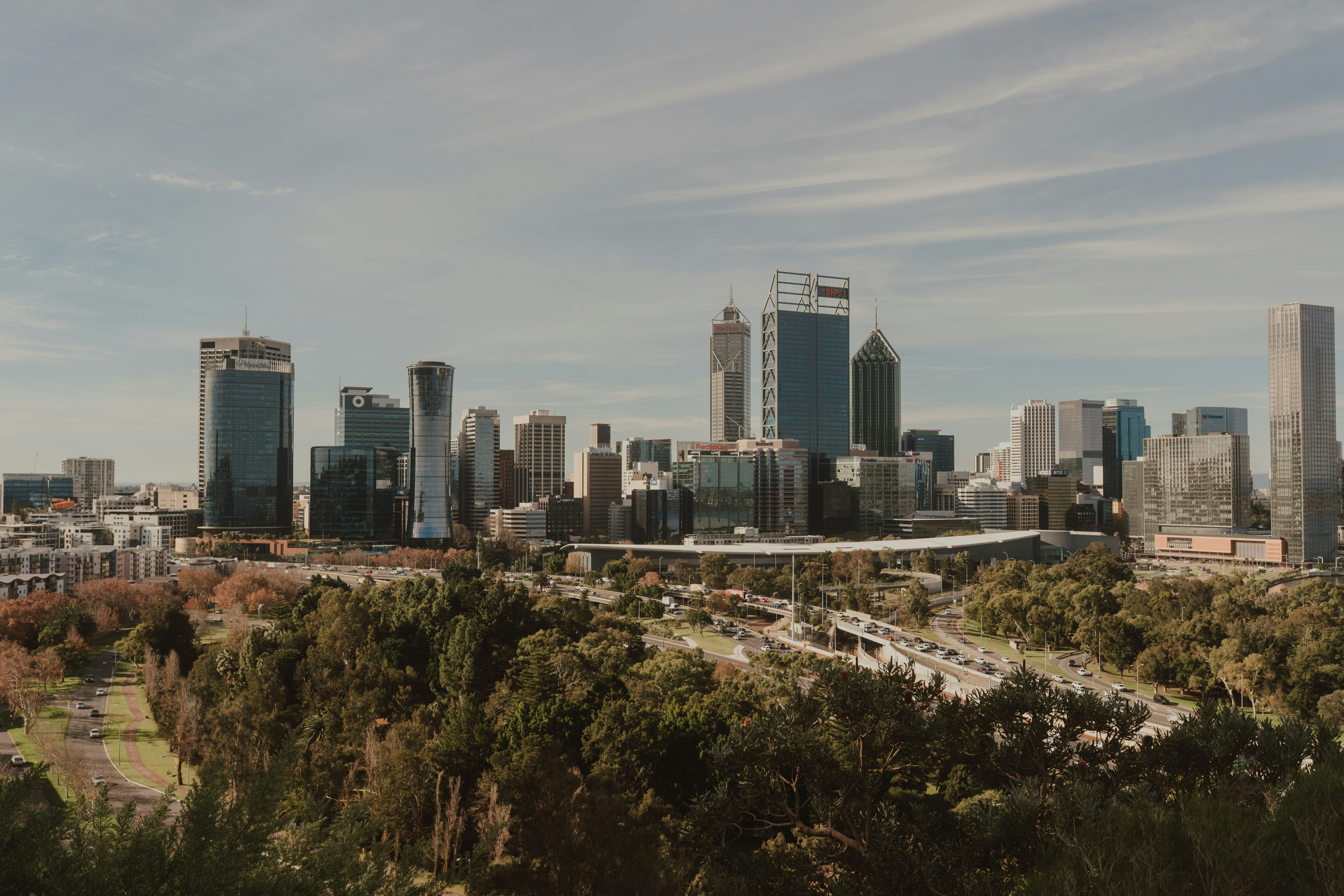 Urban Skyline Emerges from a Canopy of Trees at Dusk