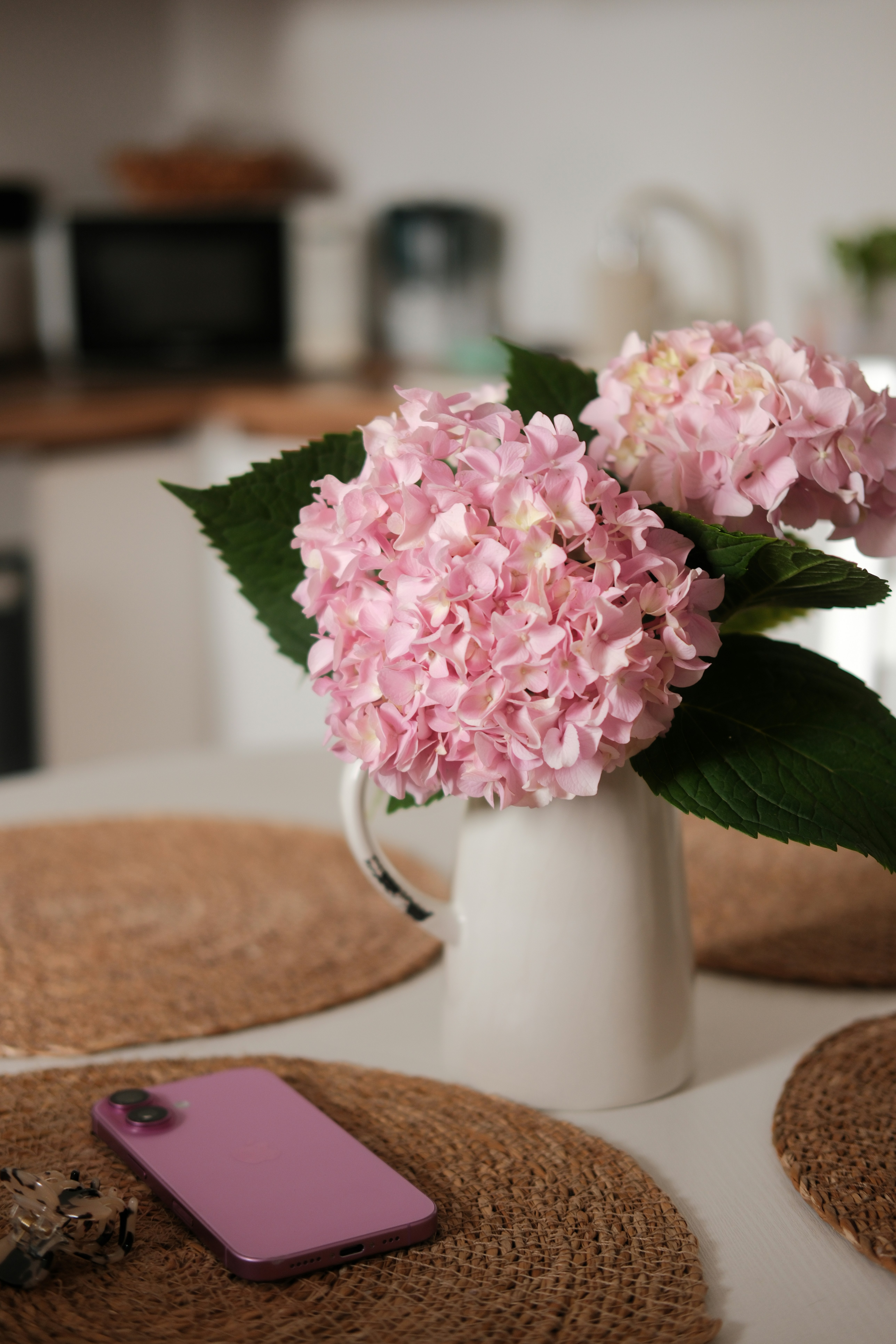 Pink Hydrangea Glow on a Quiet Kitchen Morning