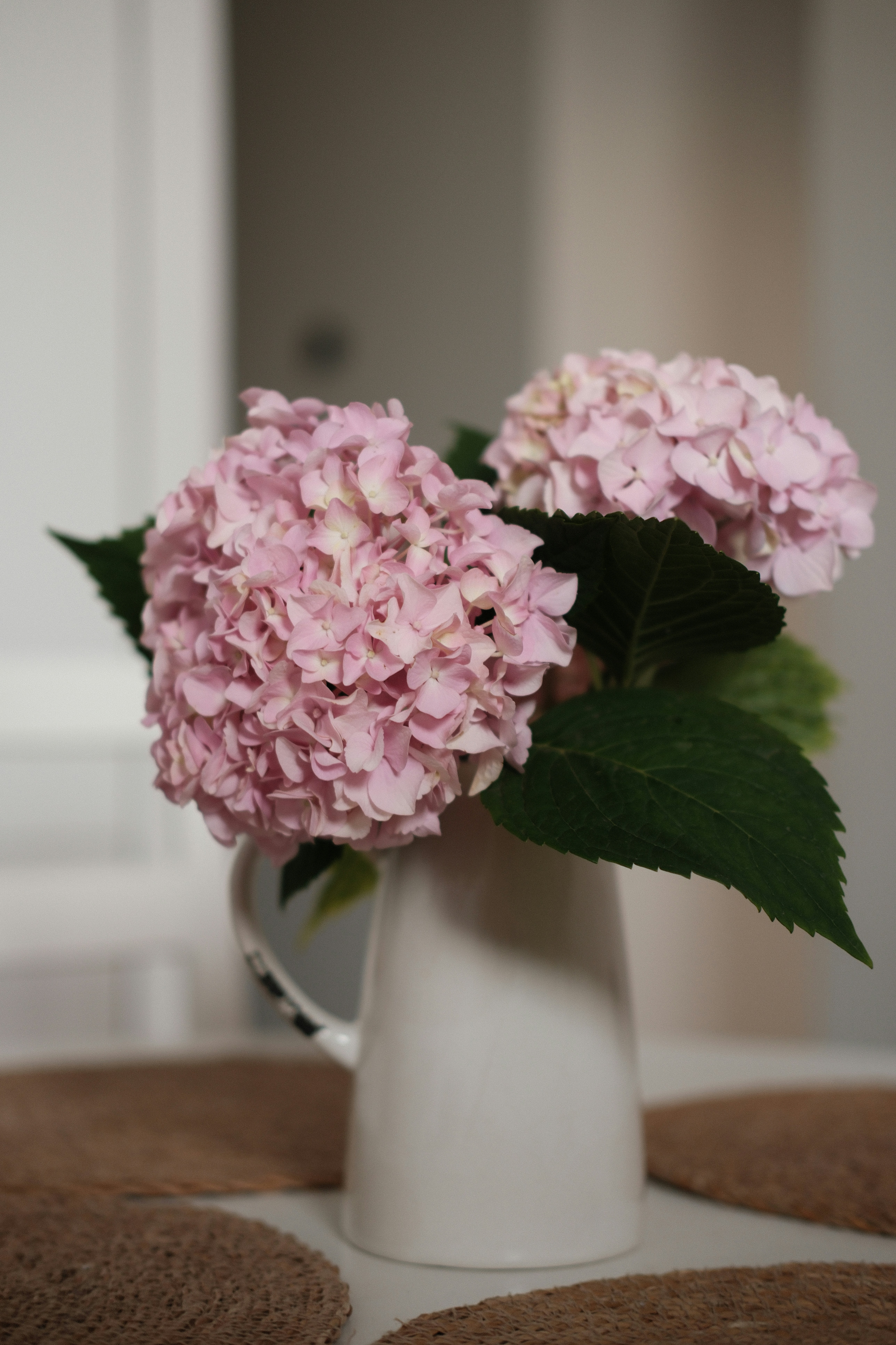 Pink Hydrangea Bouquet in White Pitcher on a Rustic Table
