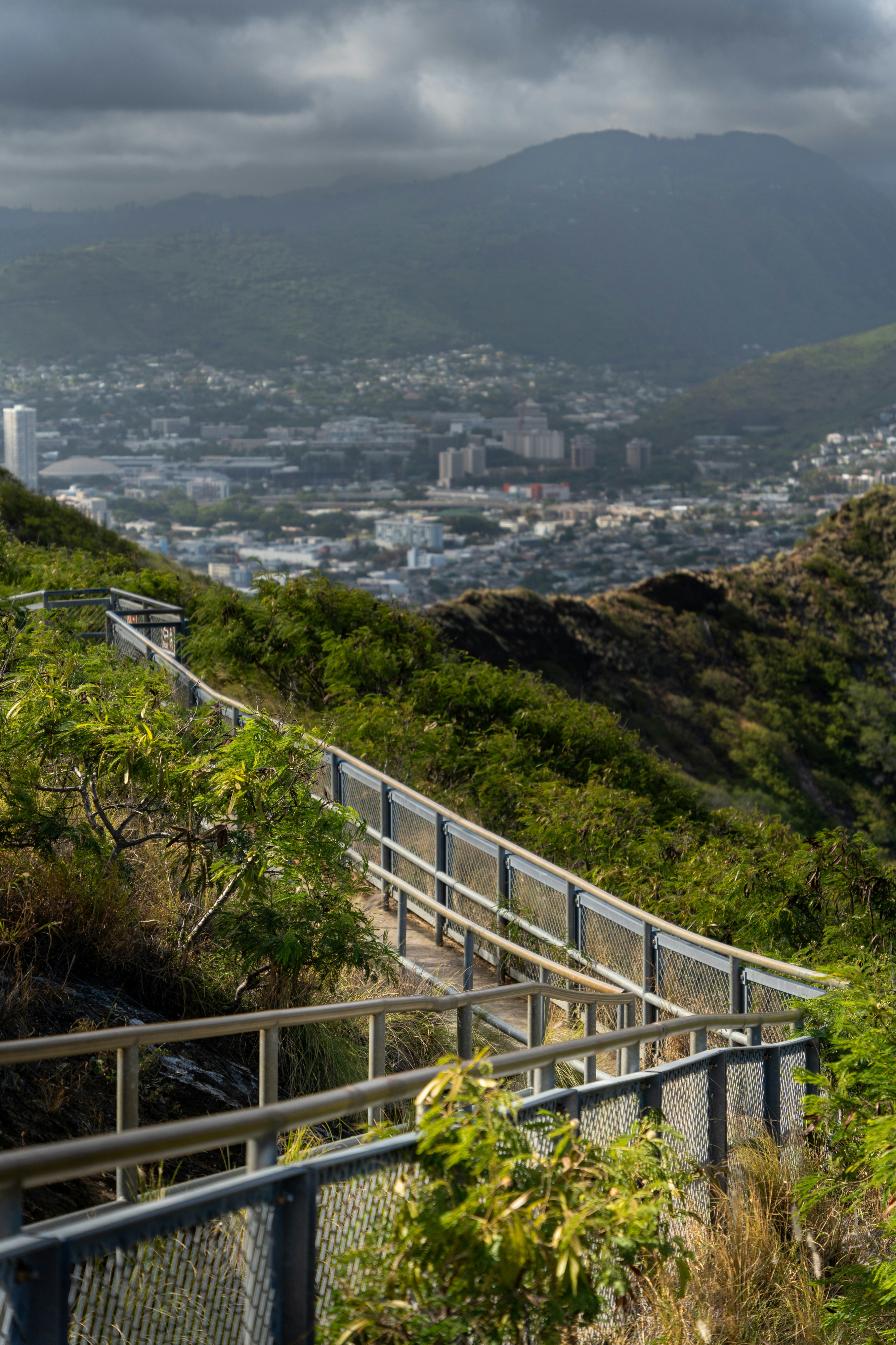 Rugged railing leads to distant city under rolling hills