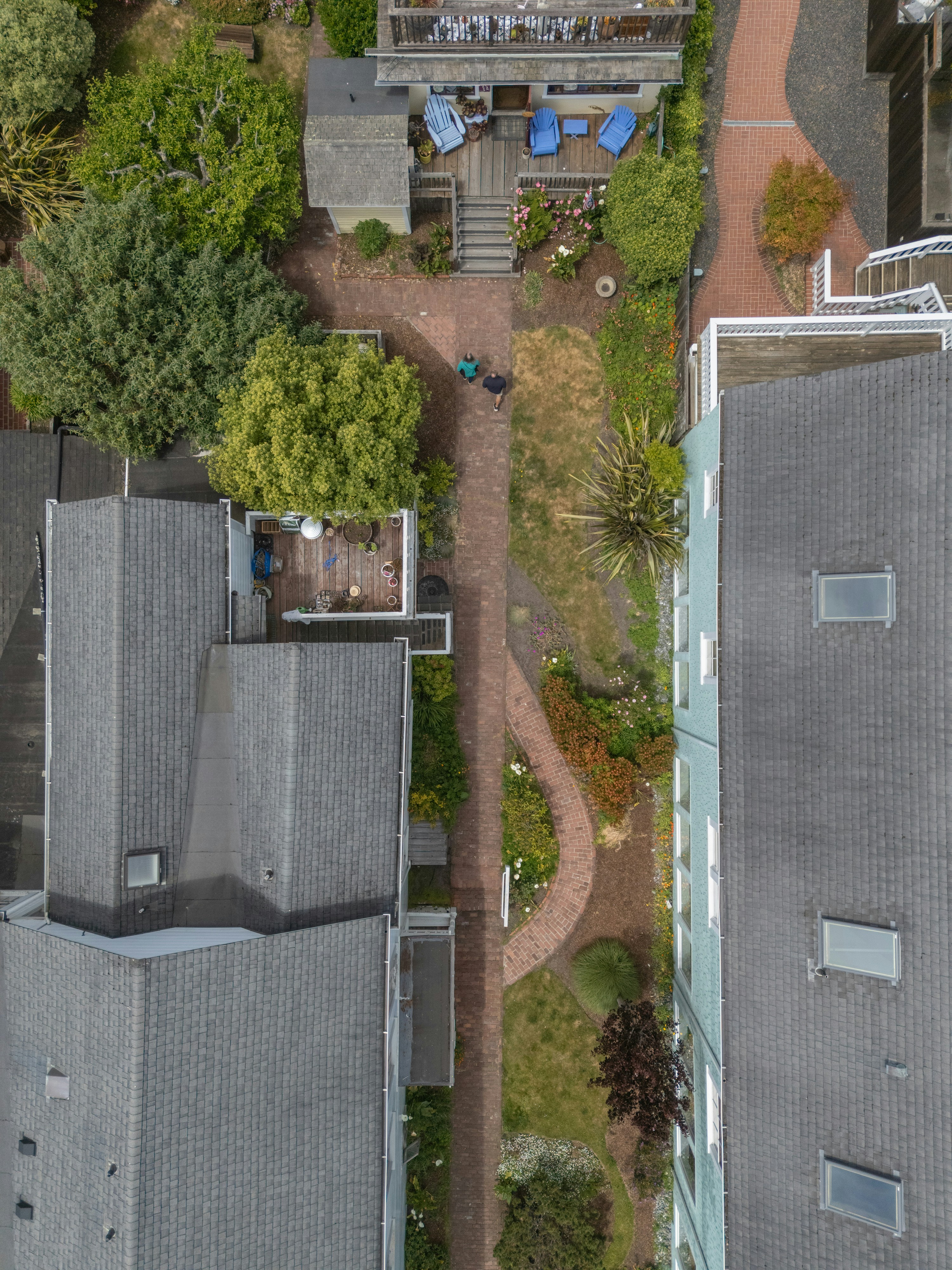 Aerial Pathway: Central Courtyard Slice Between Rooftops