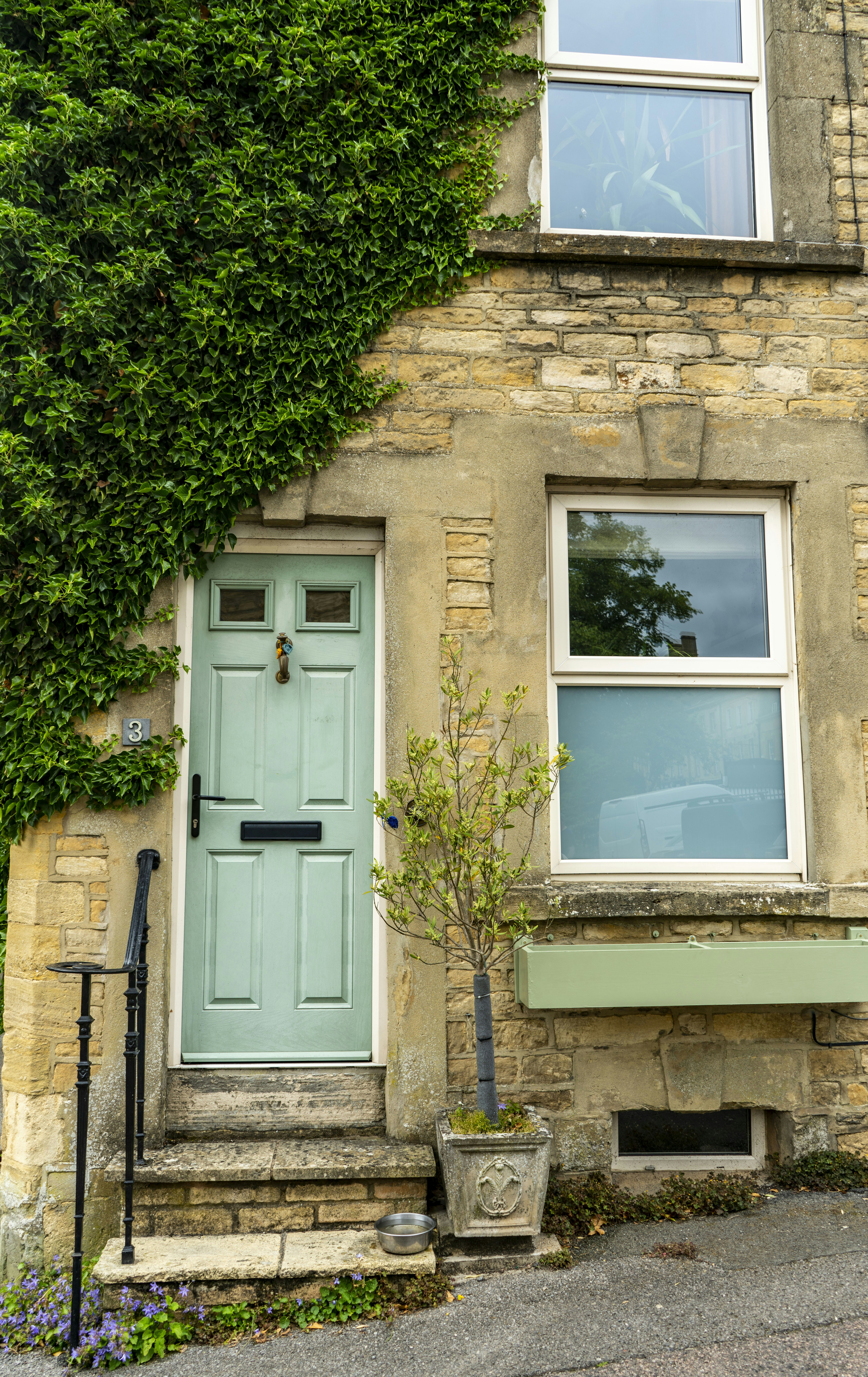 Teal Doorway with Ivy and Stone Facade