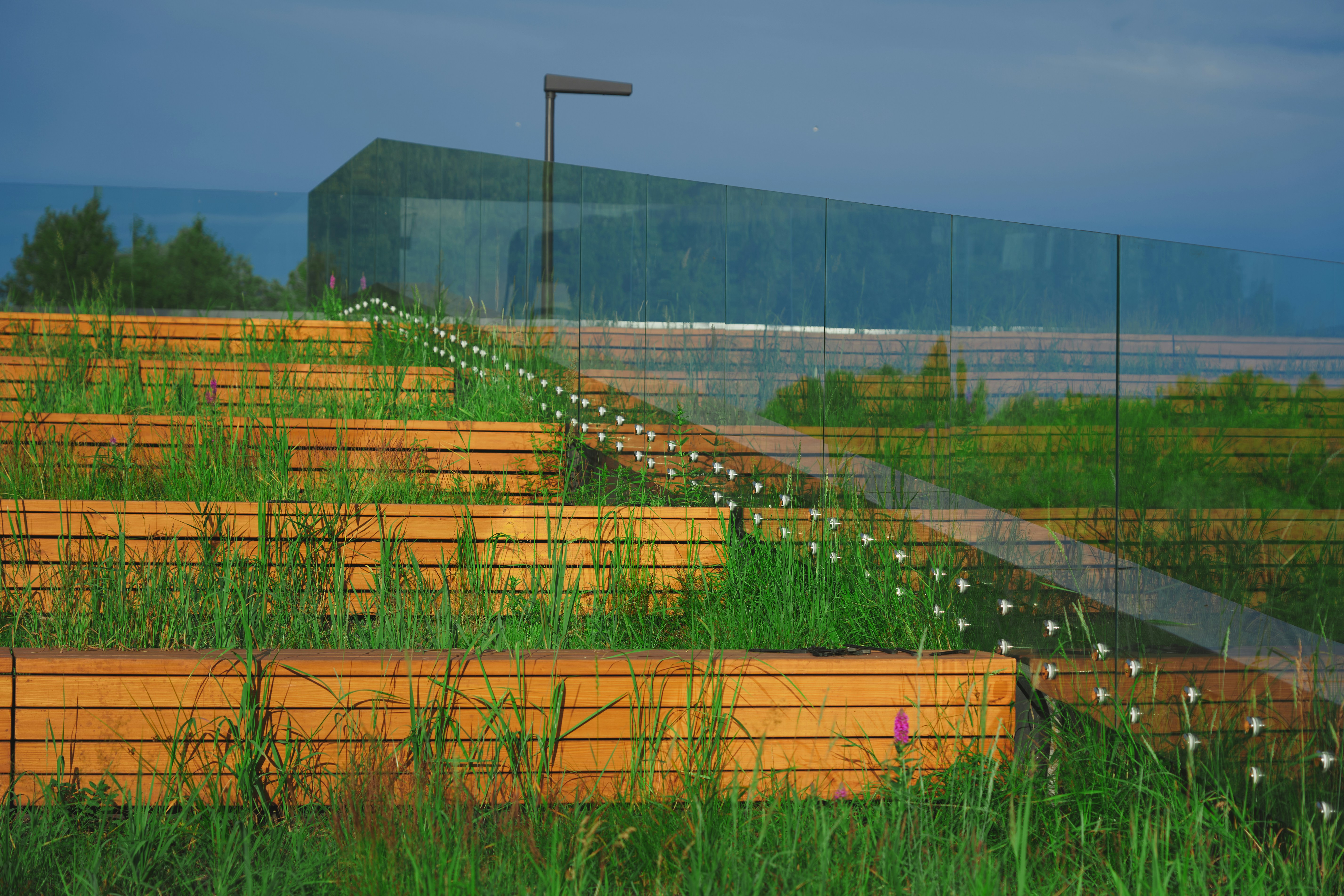 Terraced Garden Path Under a Glassy Barrier
