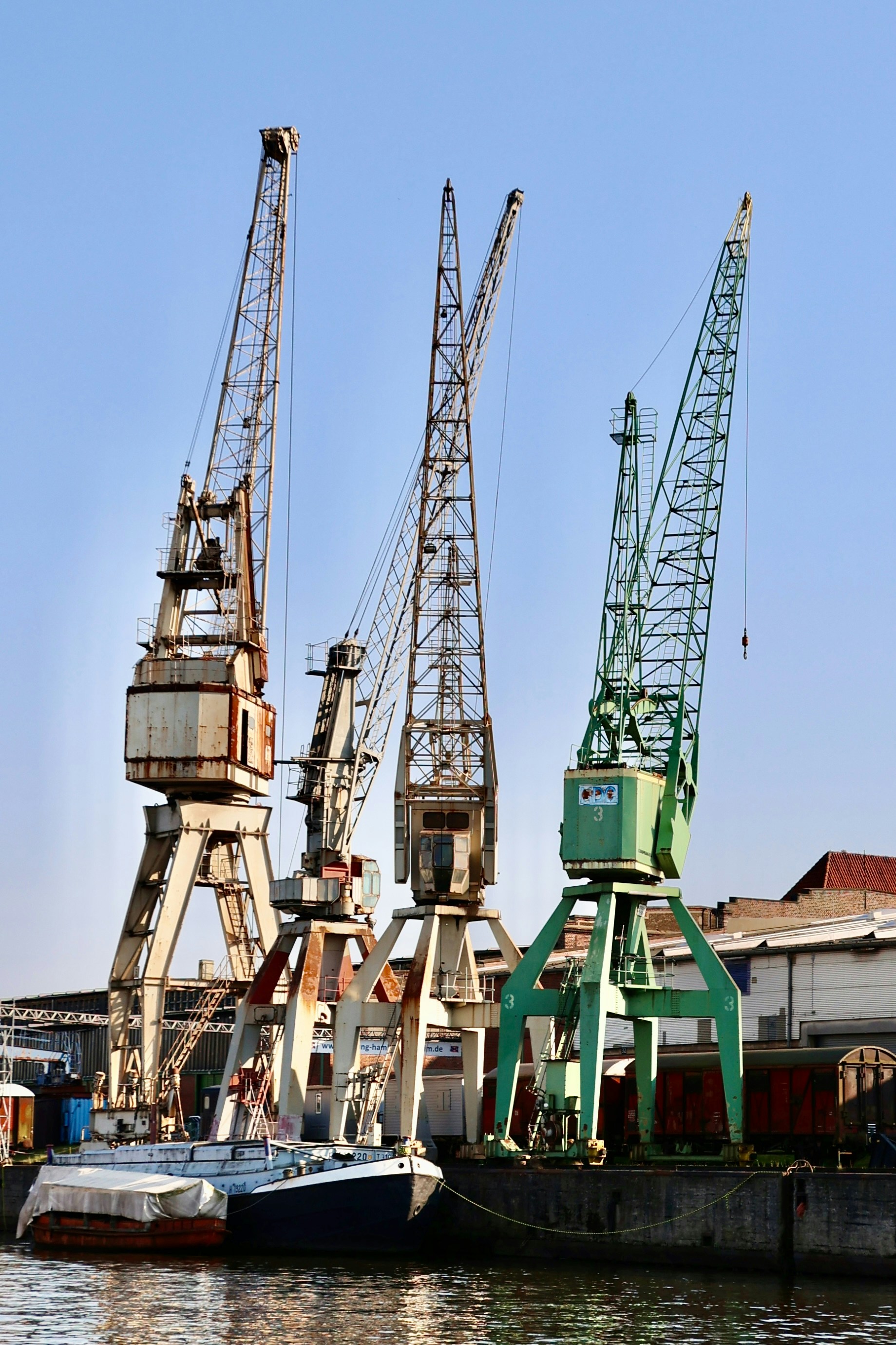Cranes and Boats at a Harbor Wake