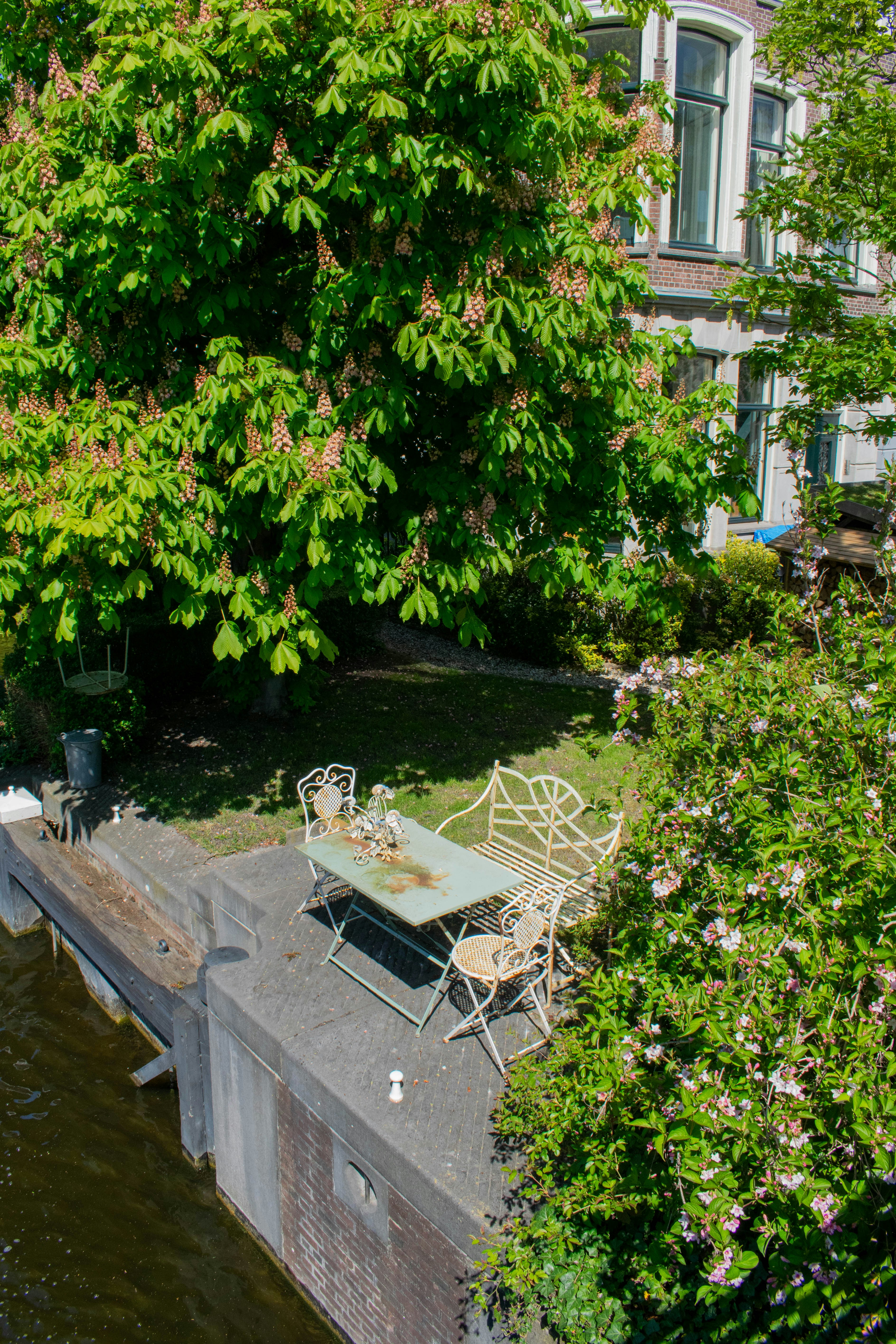 Al Fresco Canal Terrace Under a Canopy of Fluffy Pink Blossoms