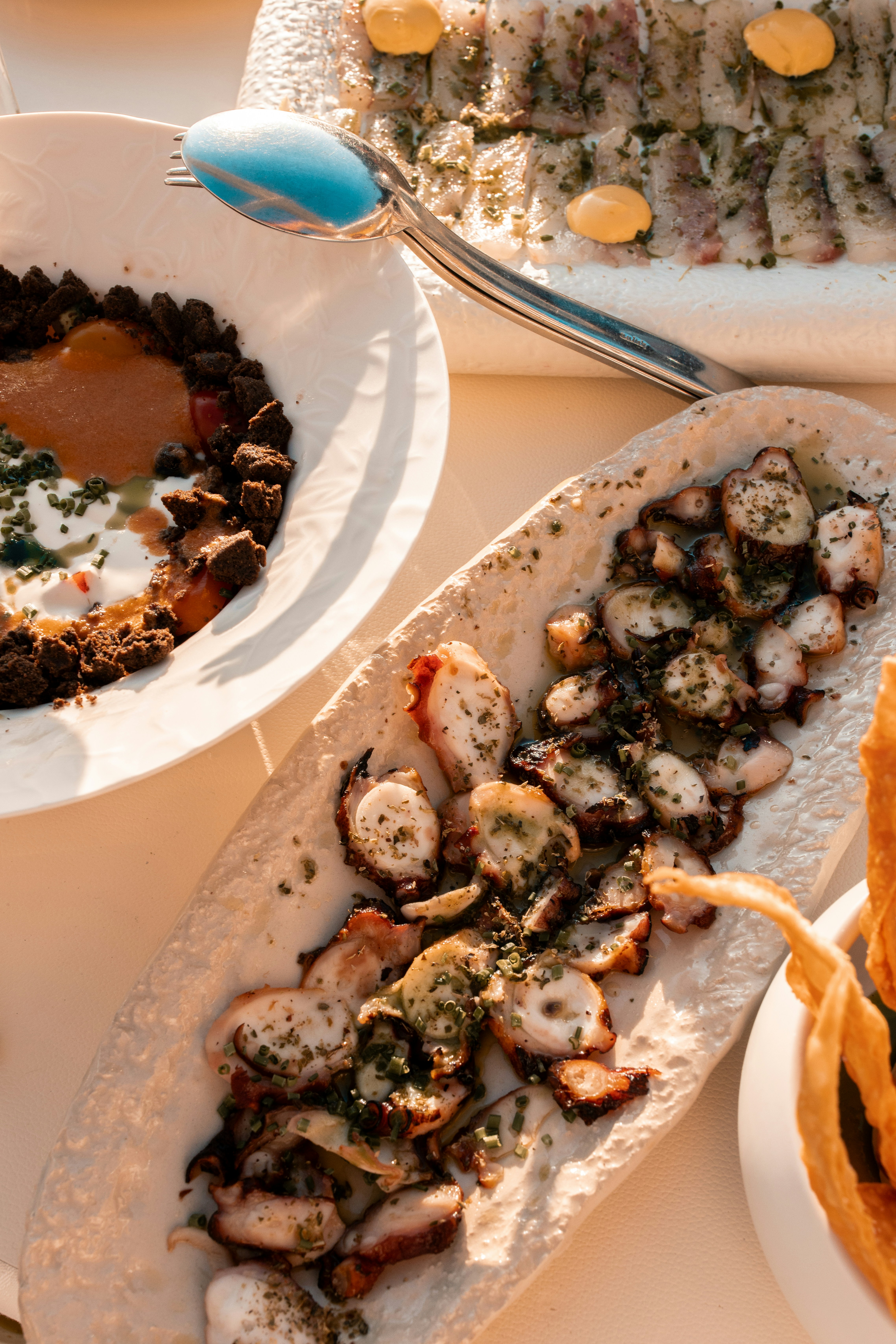 Charred octopus taco bloom: a sunlit spread of seaside bites