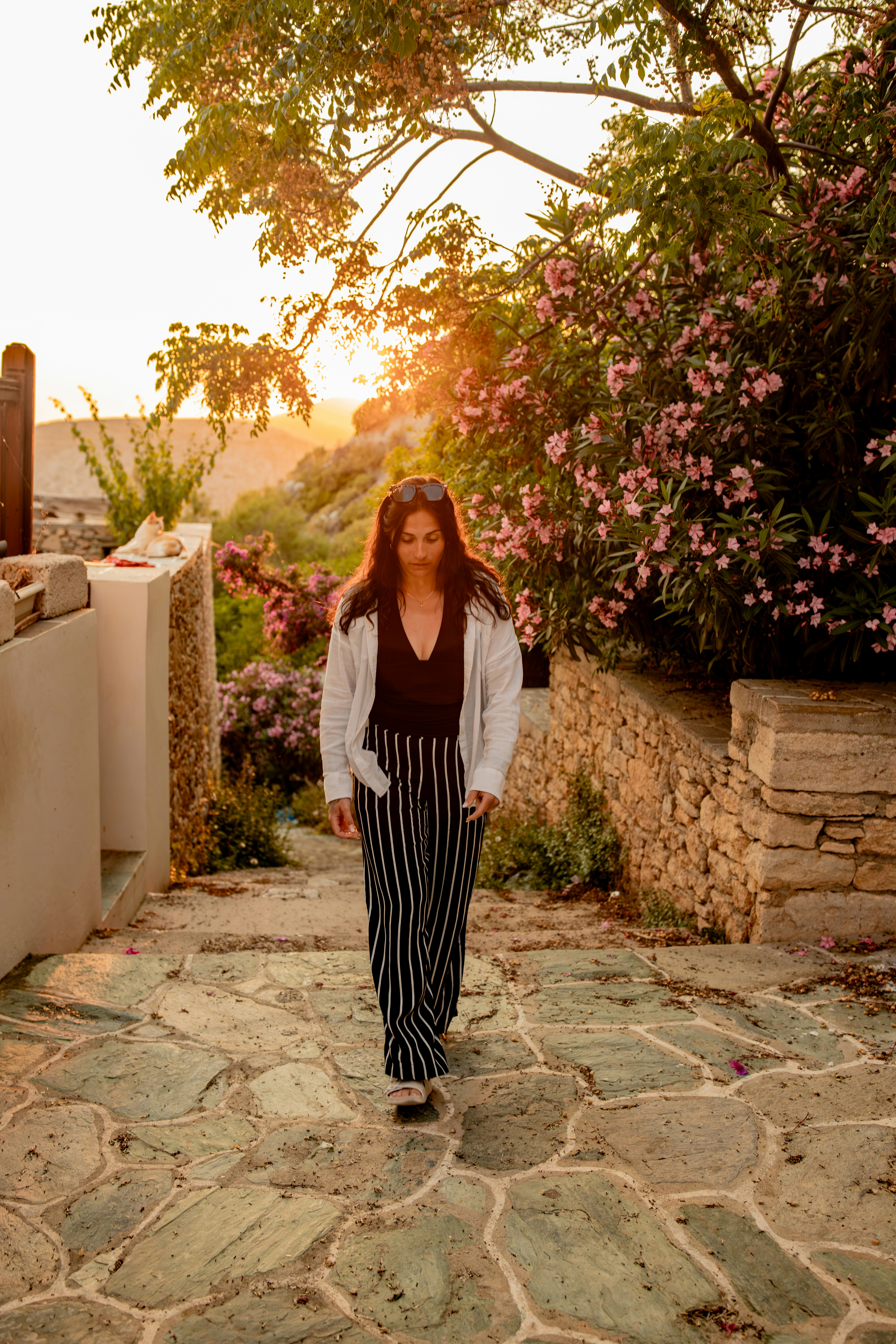 Sunlit Path: A Woman Walks Amid Bougainvillea on a Quiet Terrace