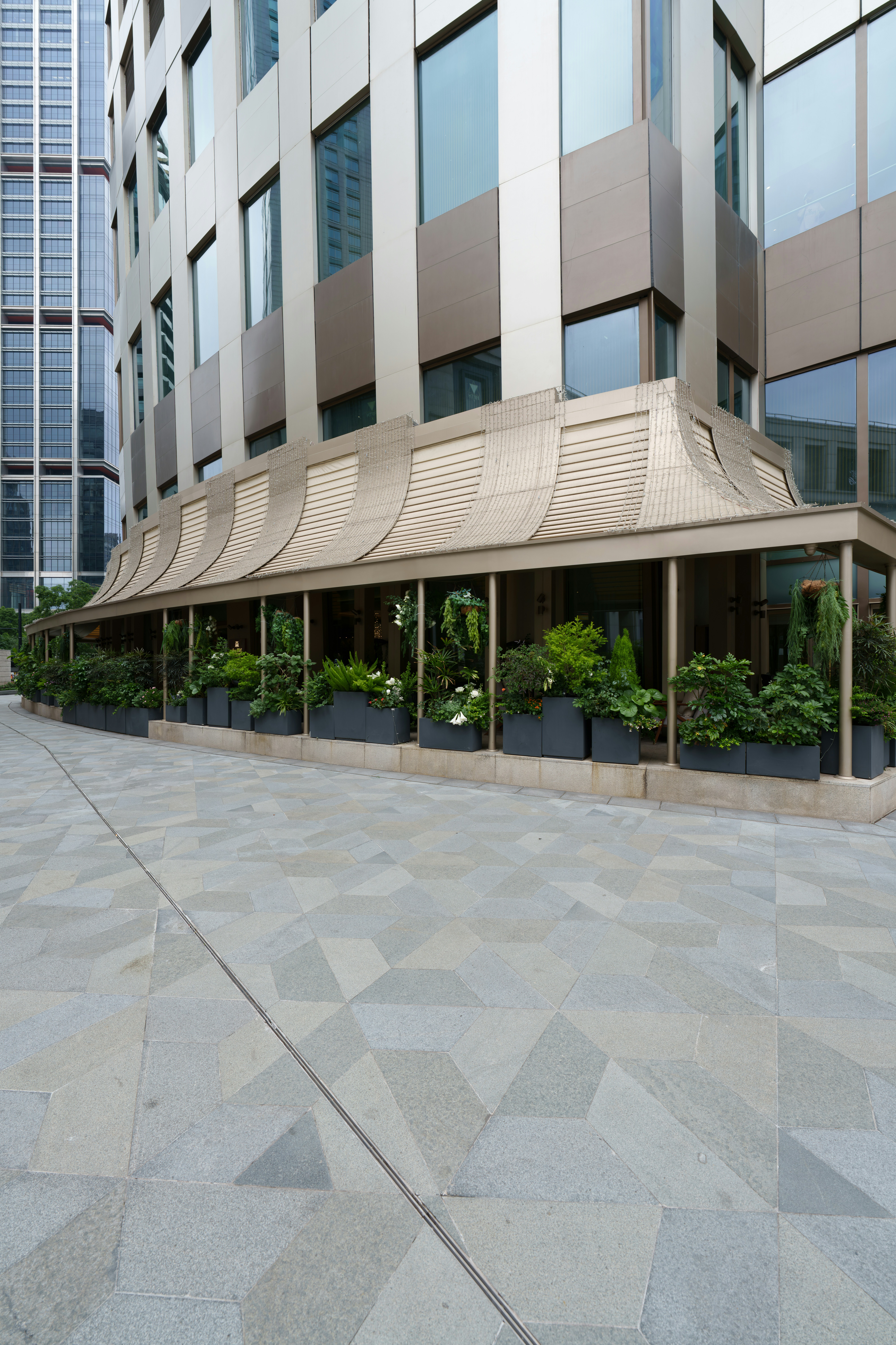 Urban Canopy: A Curved Terrace Beneath Modern Facades