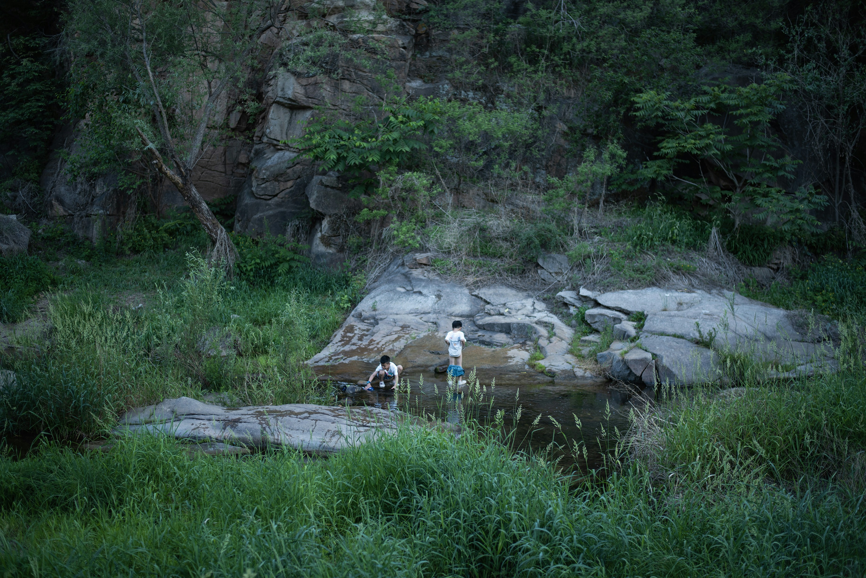 Two Explorers by the Quiet Pool in a Riverbed Grove