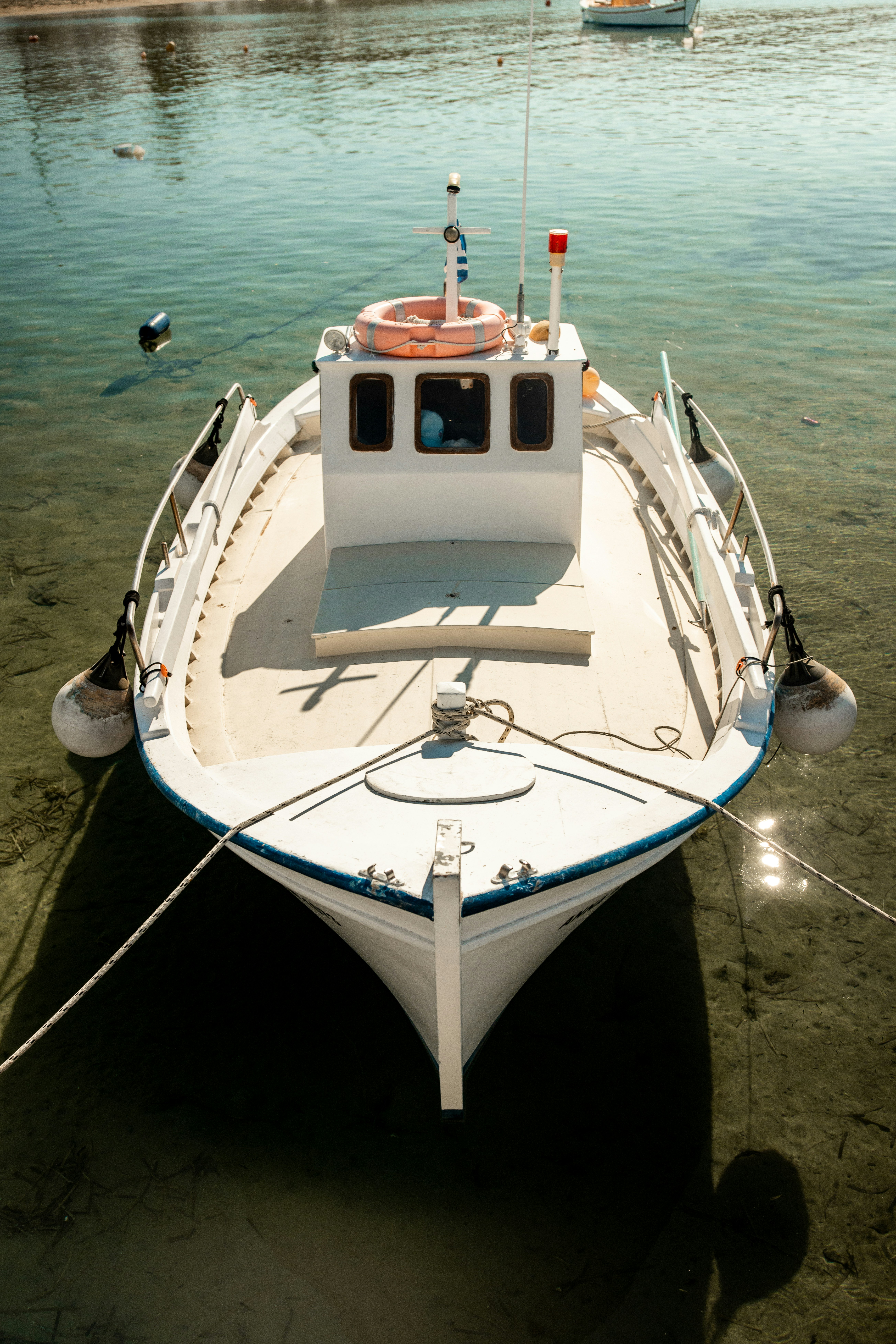 Docked at Dappled Shore: A White Boat’s Quiet Portrait