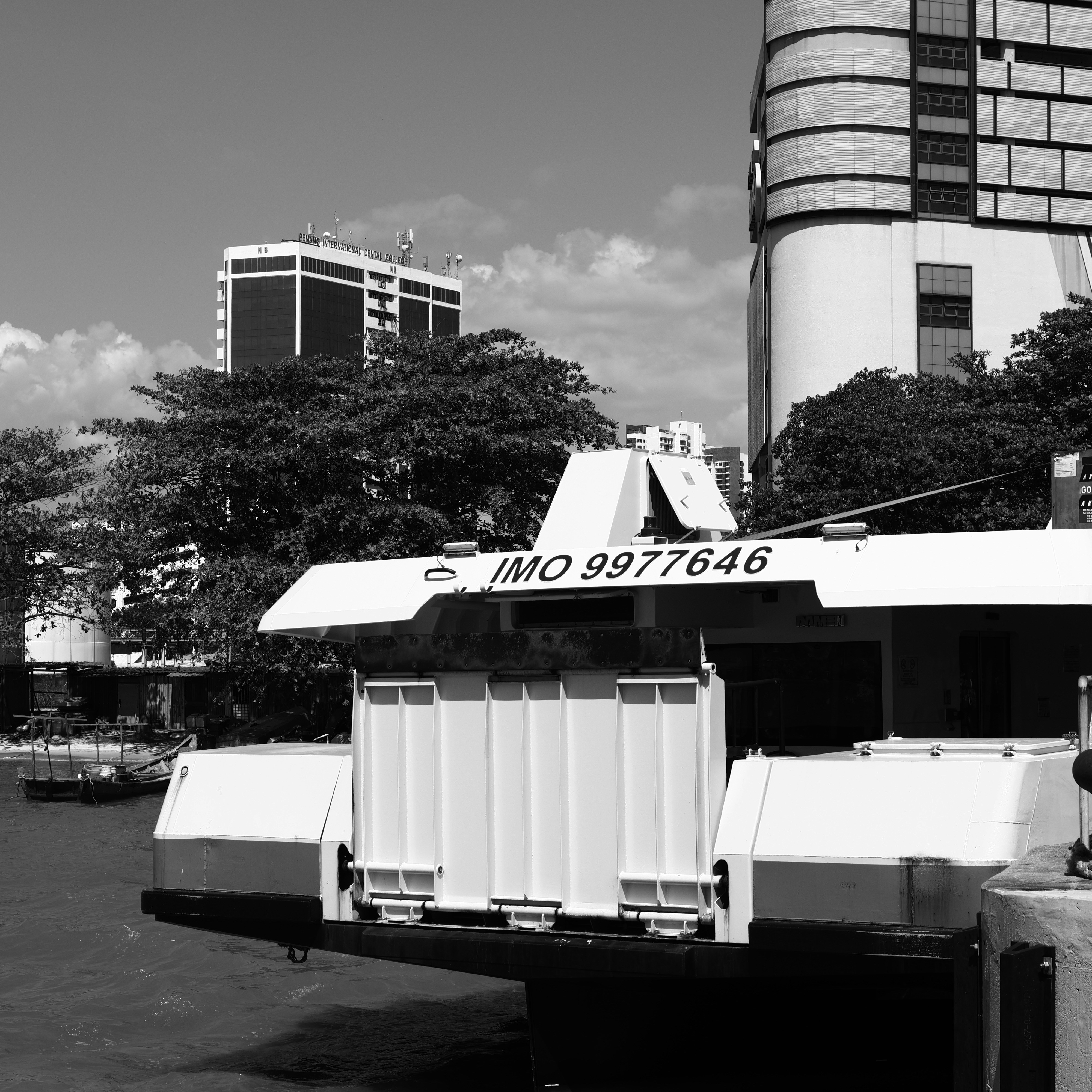 Harbor Crane and Skyline in Monochrome