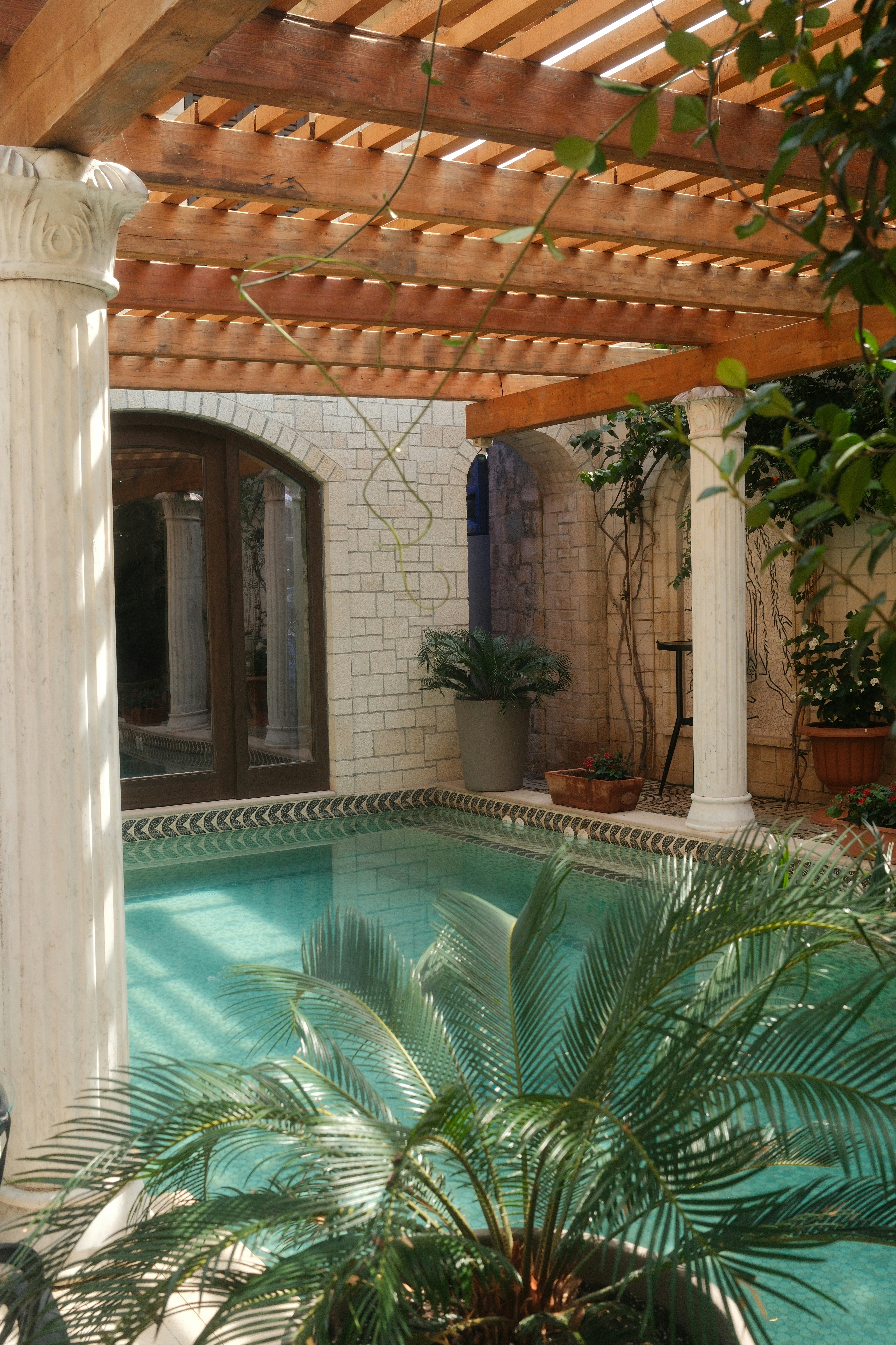 Sunlit courtyard pool beneath a wooden pergola with lush tropical plants